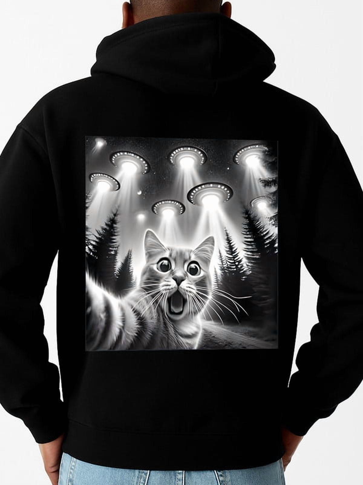 Alien Cat Night funny hoodies men regular fit black Solid Color Design ...