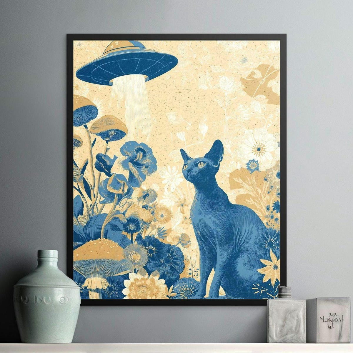 Alien Cat Posters, UFO Art Print, Floral Kitty Poster, Sci Fi Art ...