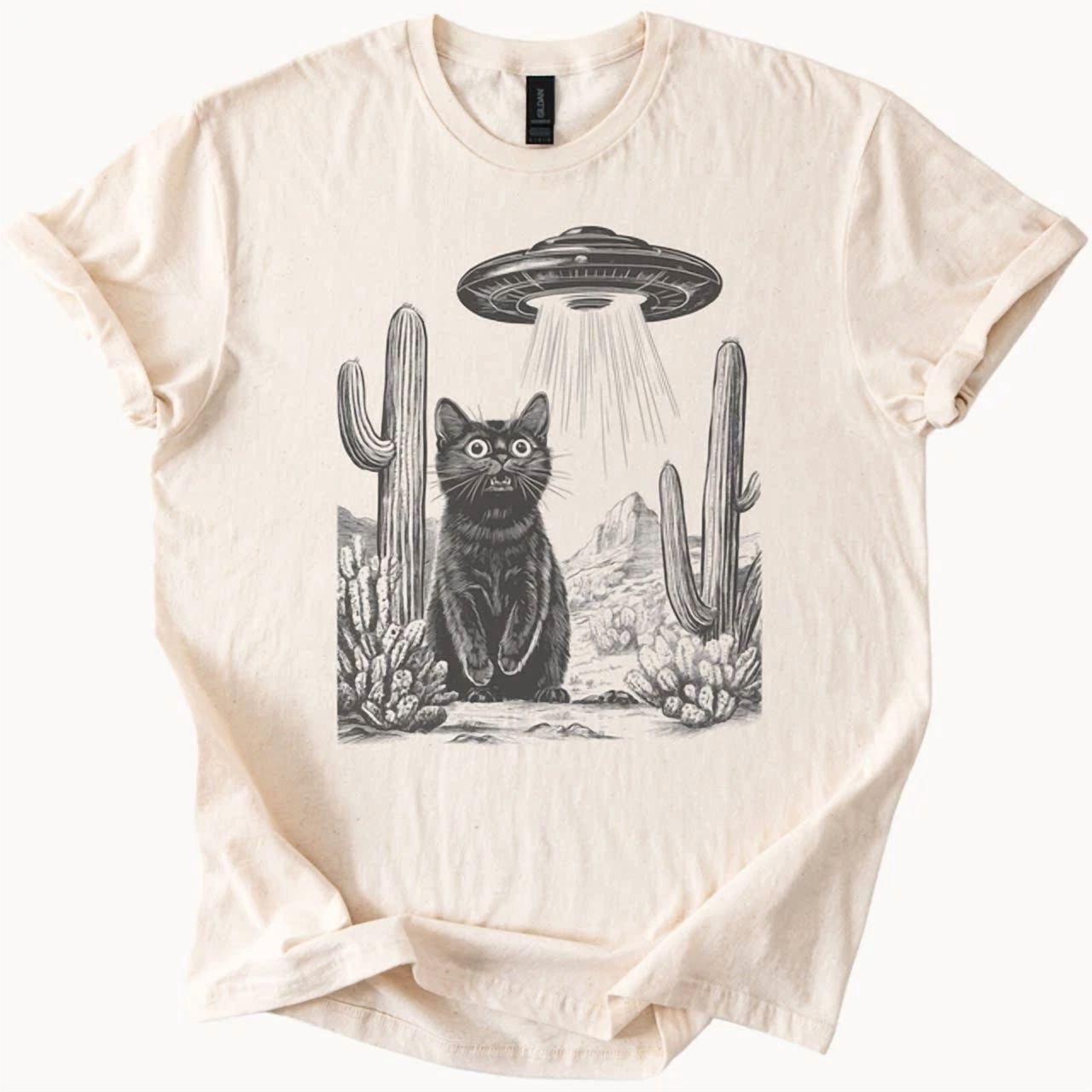 Alien Cat Ufo Shirt Desert Cactus Tee Sci Fi Black Cat Spaceship ...