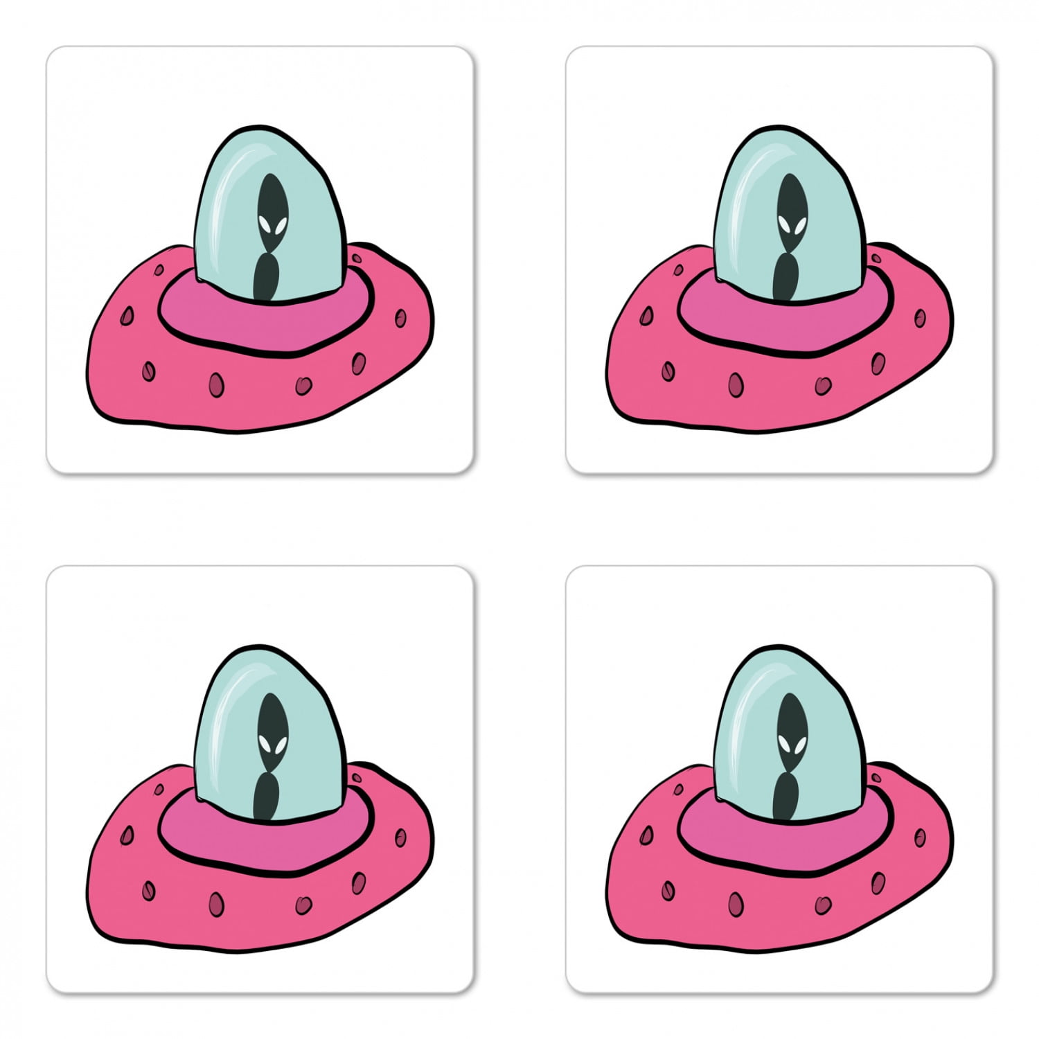 Alien Coaster Set of 4, Doodle Illustration of a Flying Saucer Ufo ...