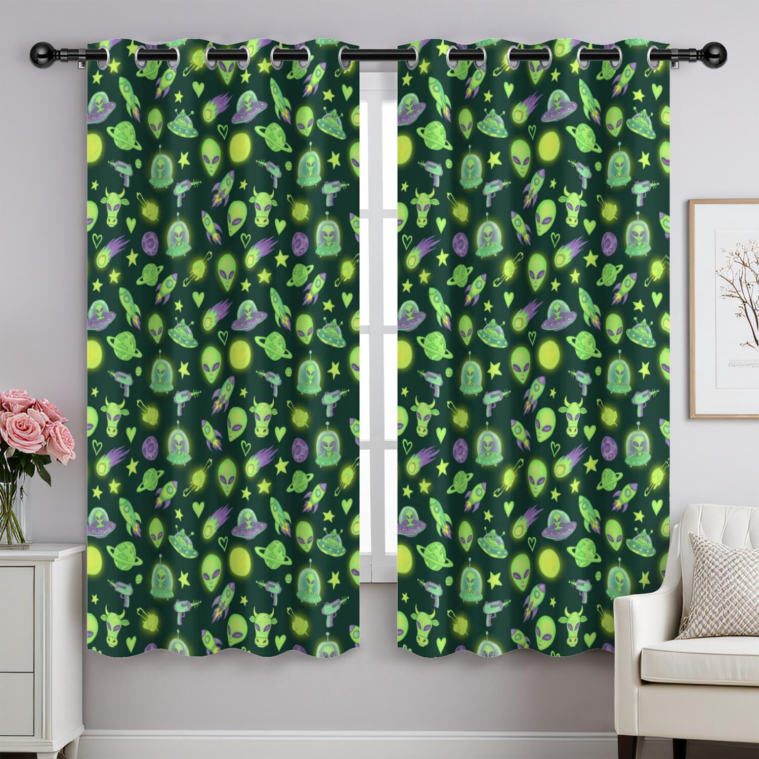 Alien Cow Deep Green Pattern Blackout Curtains,Triple Weaved Fabric ...