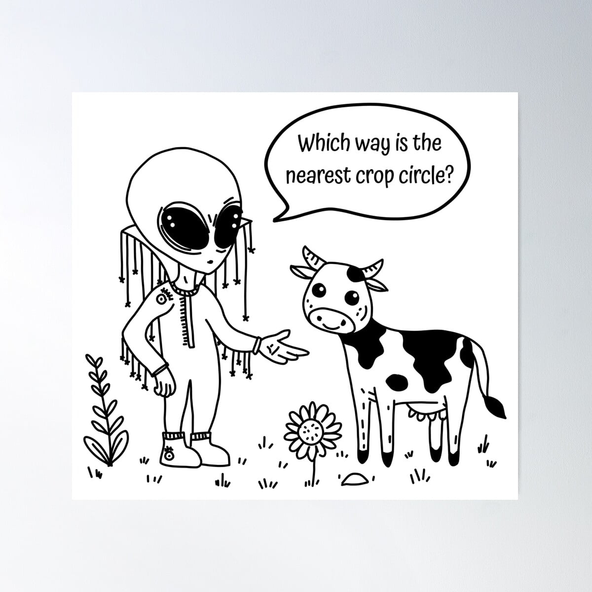 Alien & Cow Doodle Poster Wall Art, Modern Wall Decor For Living Room ...