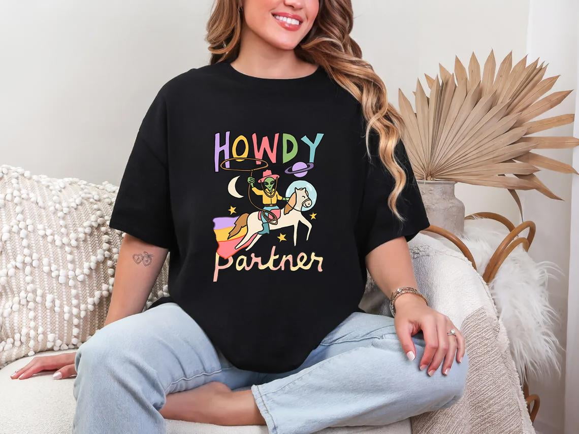 Alien Cowboy UFO Howdy Partner Funny Sci-Fi Style T-Shirts, for men & women, up to size 5XL ...