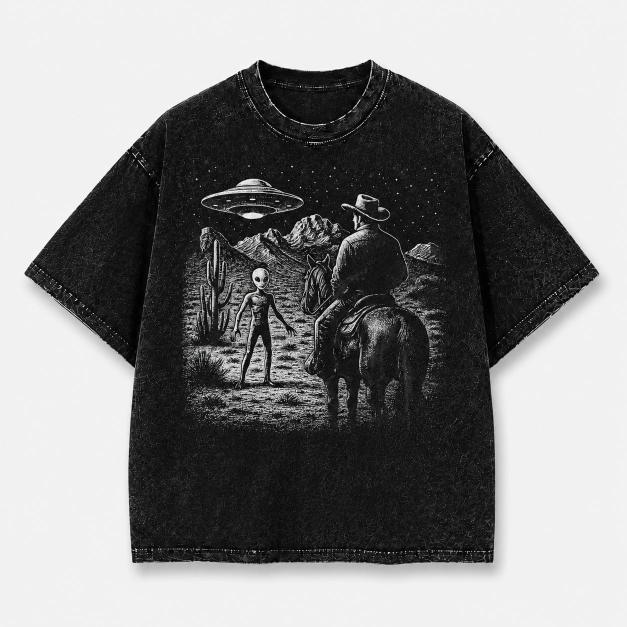 Alien Cowboy UFO Washed T-Shirt, Unisex Mineral Wash Cotton Tee ...