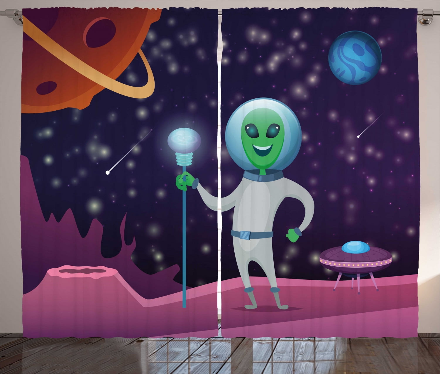 Ambesonne Alien Curtains 2 Panel Set, Cosmic Space Funny Character, 108 ...