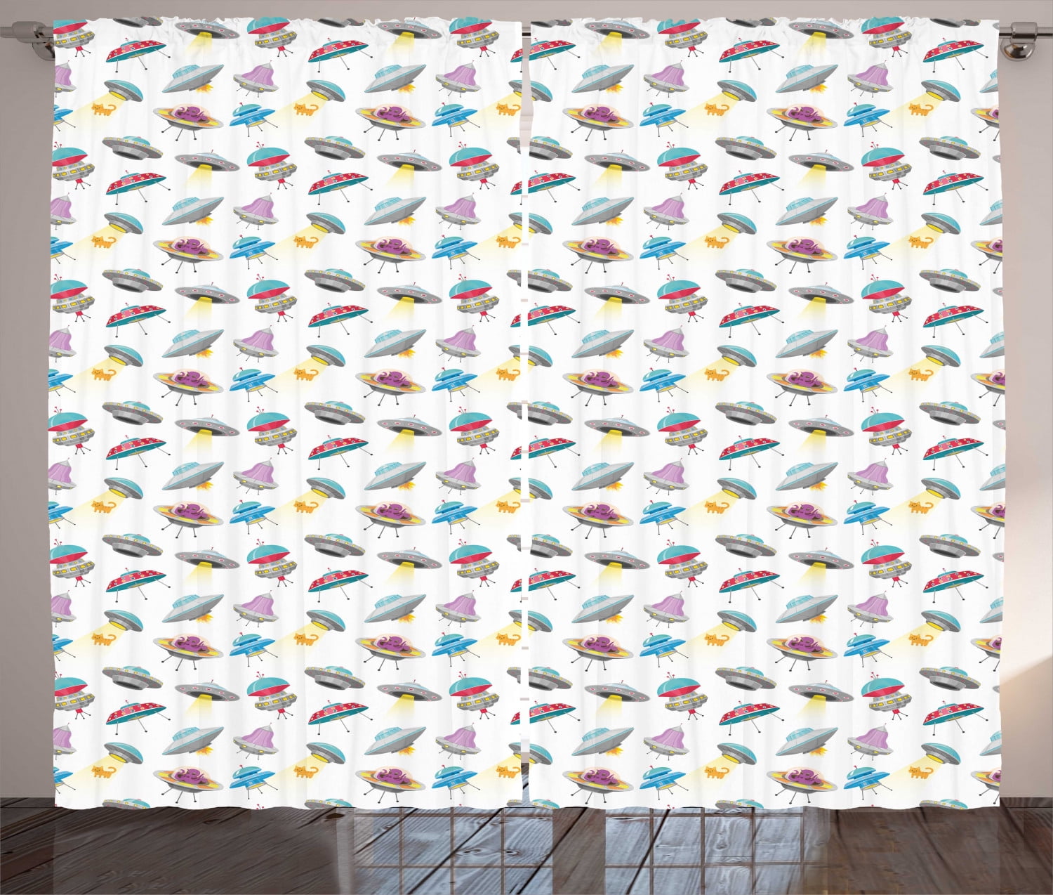 Alien Curtains 2 Panels Set, Repetitive and Colorful Flying Objects of ...
