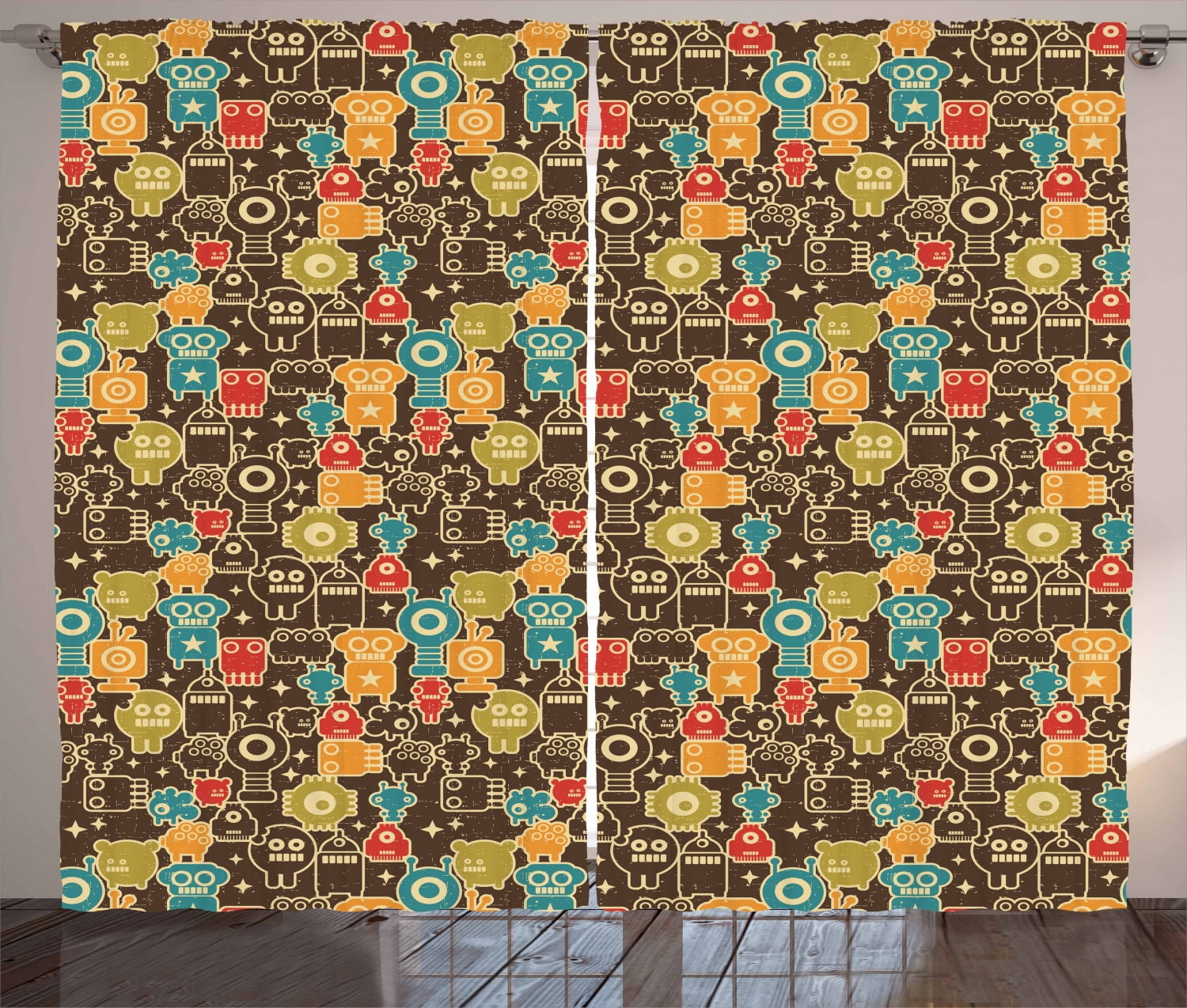 Alien Curtains 2 Panels Set, Robot Monsters in Space Themed Stars Retro ...