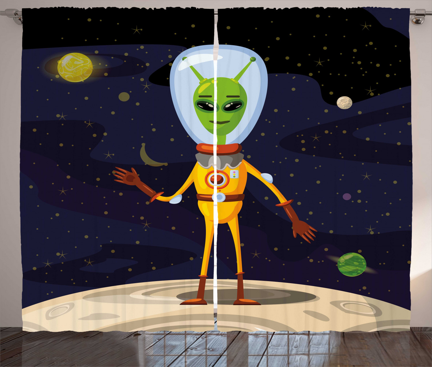 Ambesonne Alien Curtains 2 Panel Set, Funny Creature in a Spacesuit ...