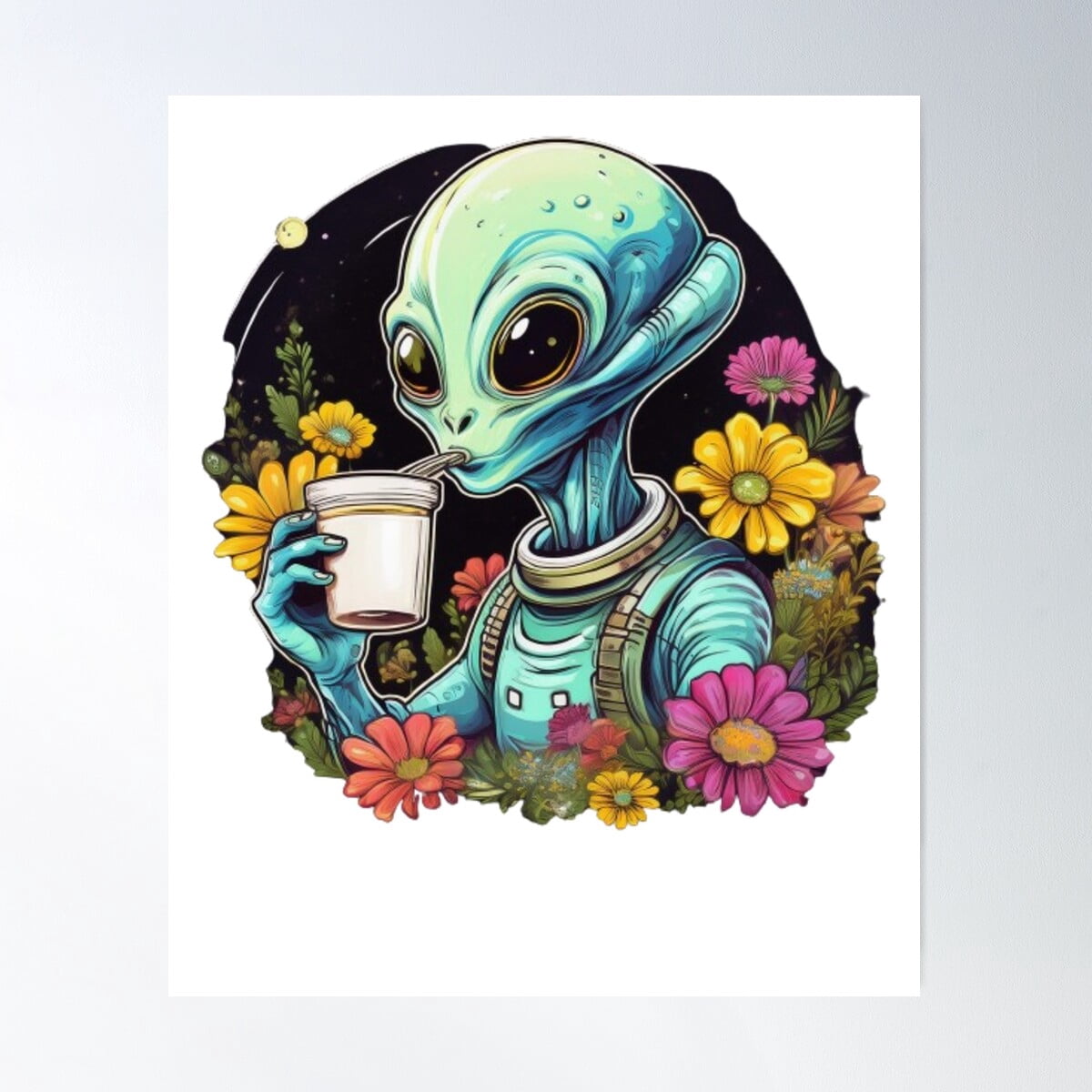 Alien Drinking In Space Floral Poster Wall Art, Modern Wall Decor For ...
