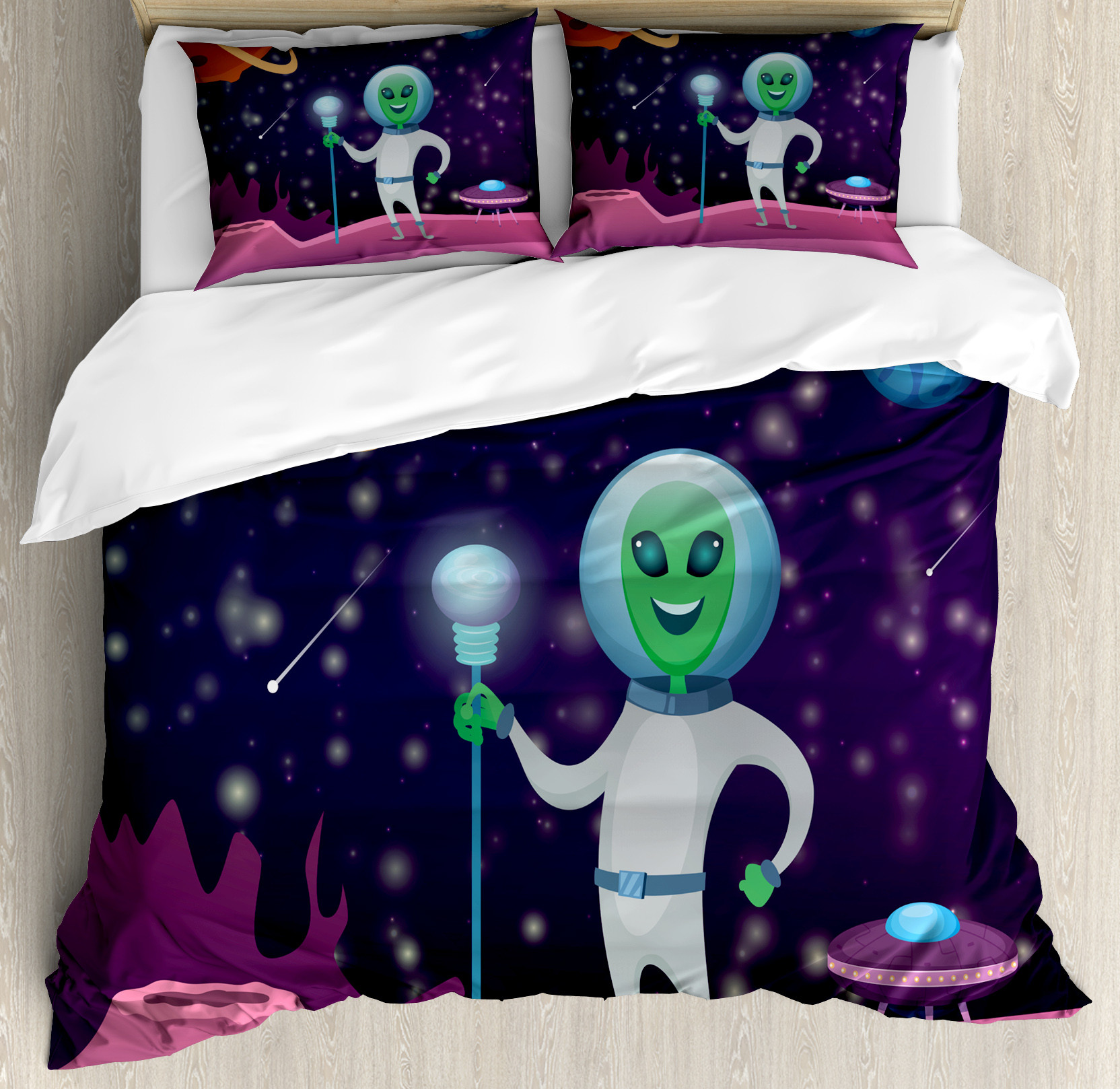 Alien Duvet Cover Set, Cosmic Space Background with Funny Character ...