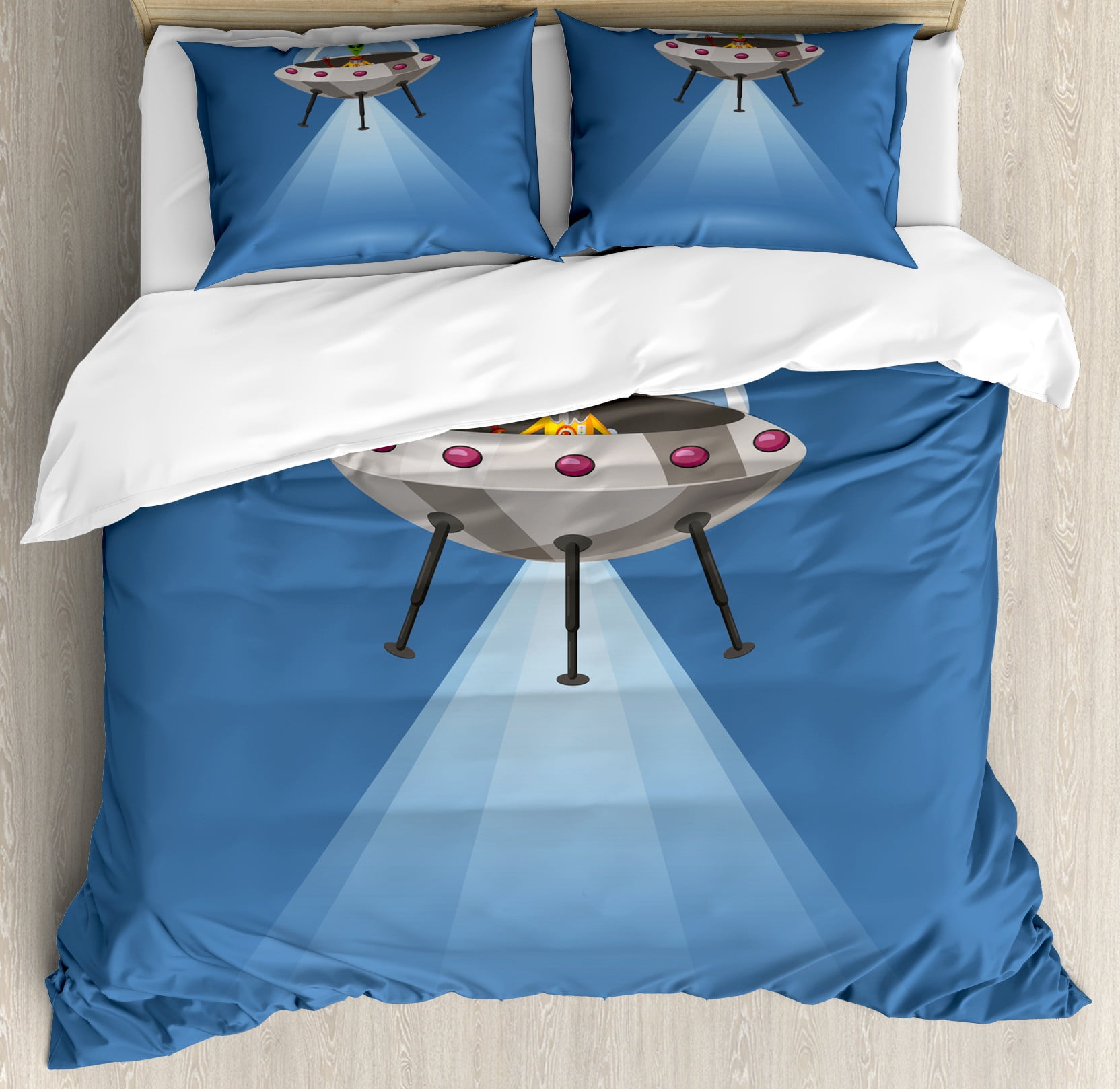 Alien Duvet Cover Set, Flying UFO with a Green Creature Waving ...