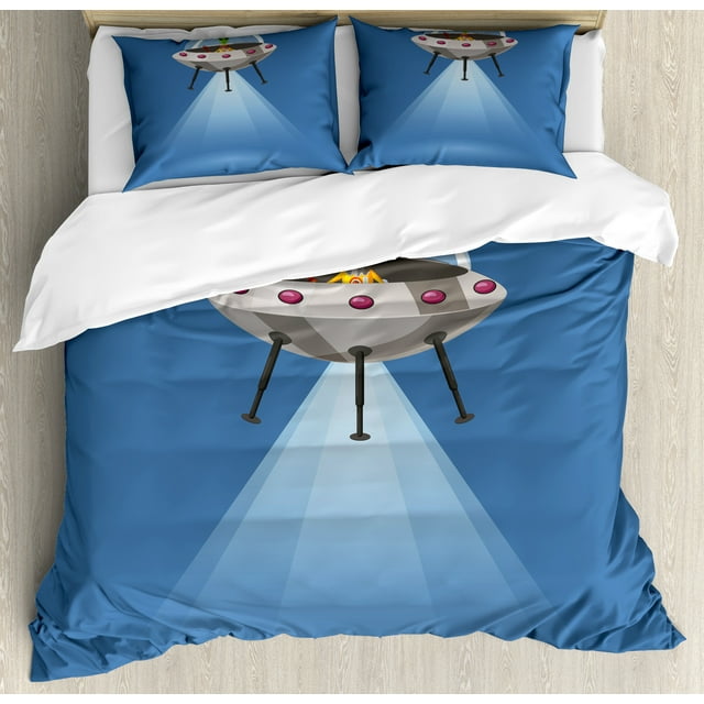 Alien Duvet Cover Set, Flying UFO with a Green Creature Waving ...
