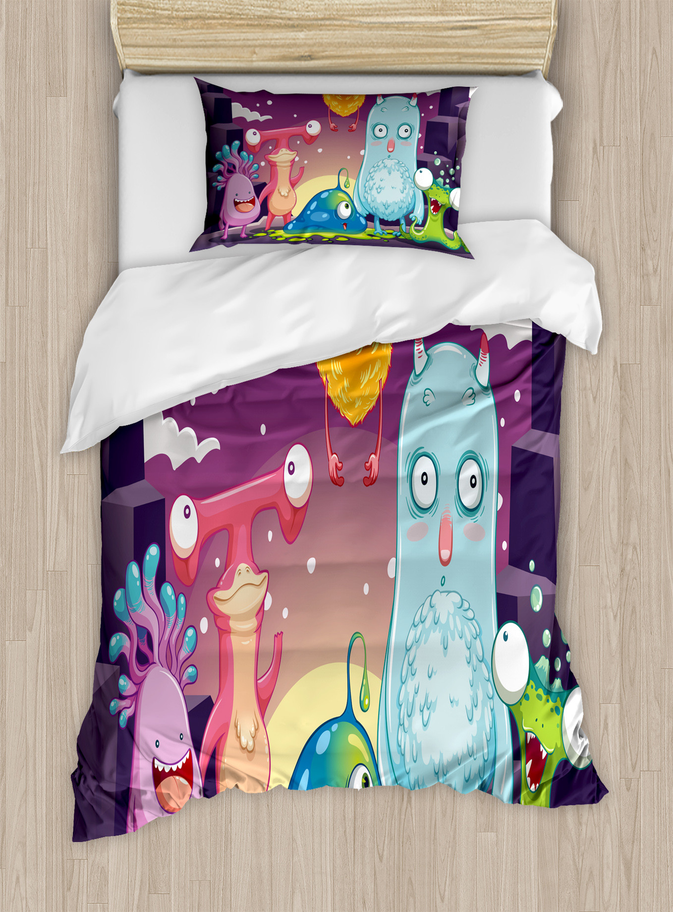 Alien Duvet Cover Set, Funky and Happy Monsters Illustration on a ...