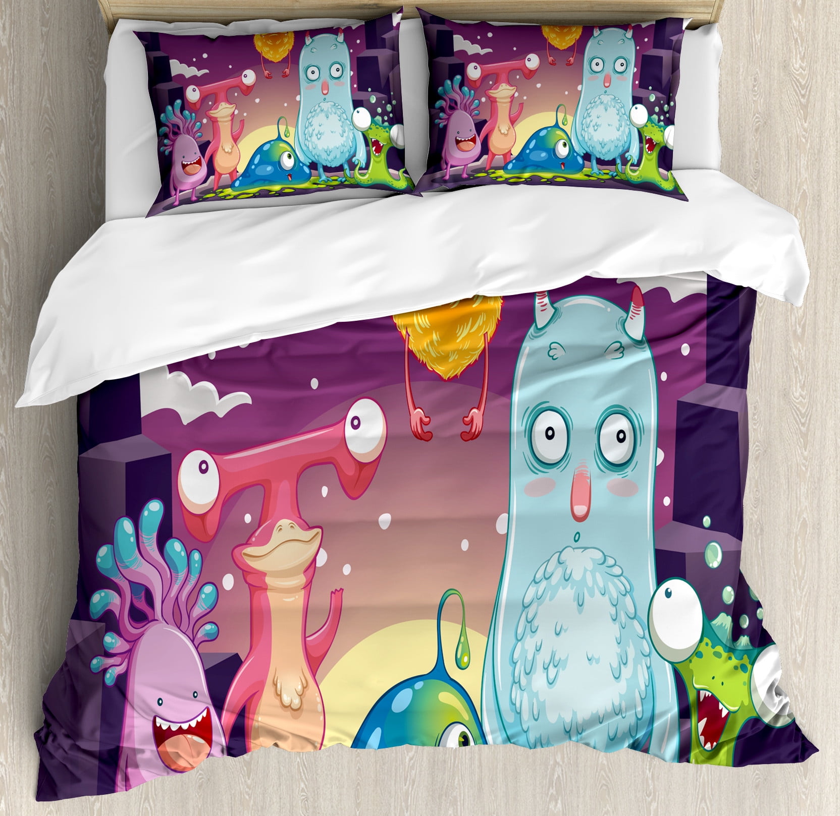 Alien Duvet Cover Set, Funky and Happy Monsters Illustration on a ...