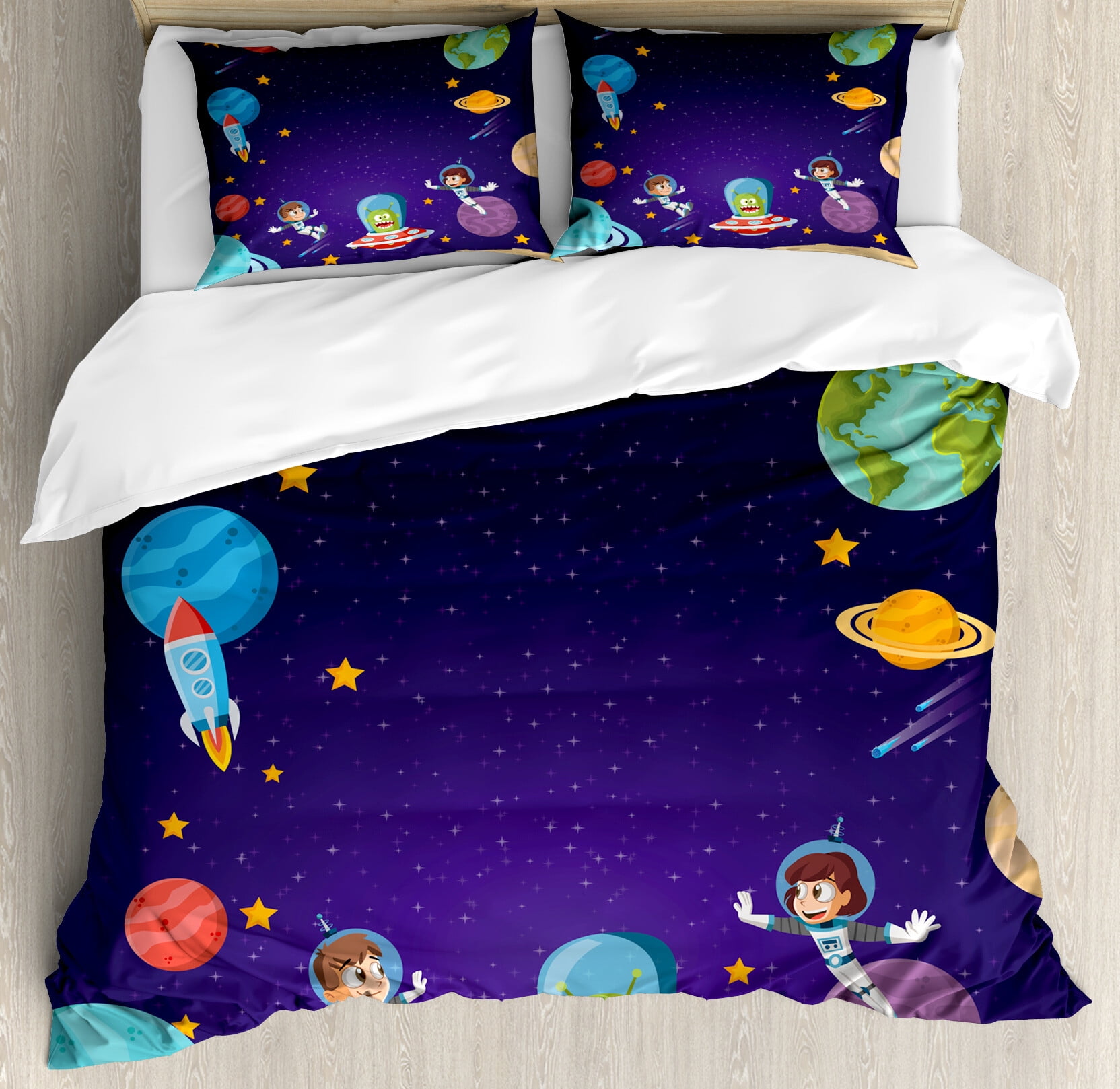 Alien Duvet Cover Set, Outer Space Themed Cartoon Astronaut Traveling ...