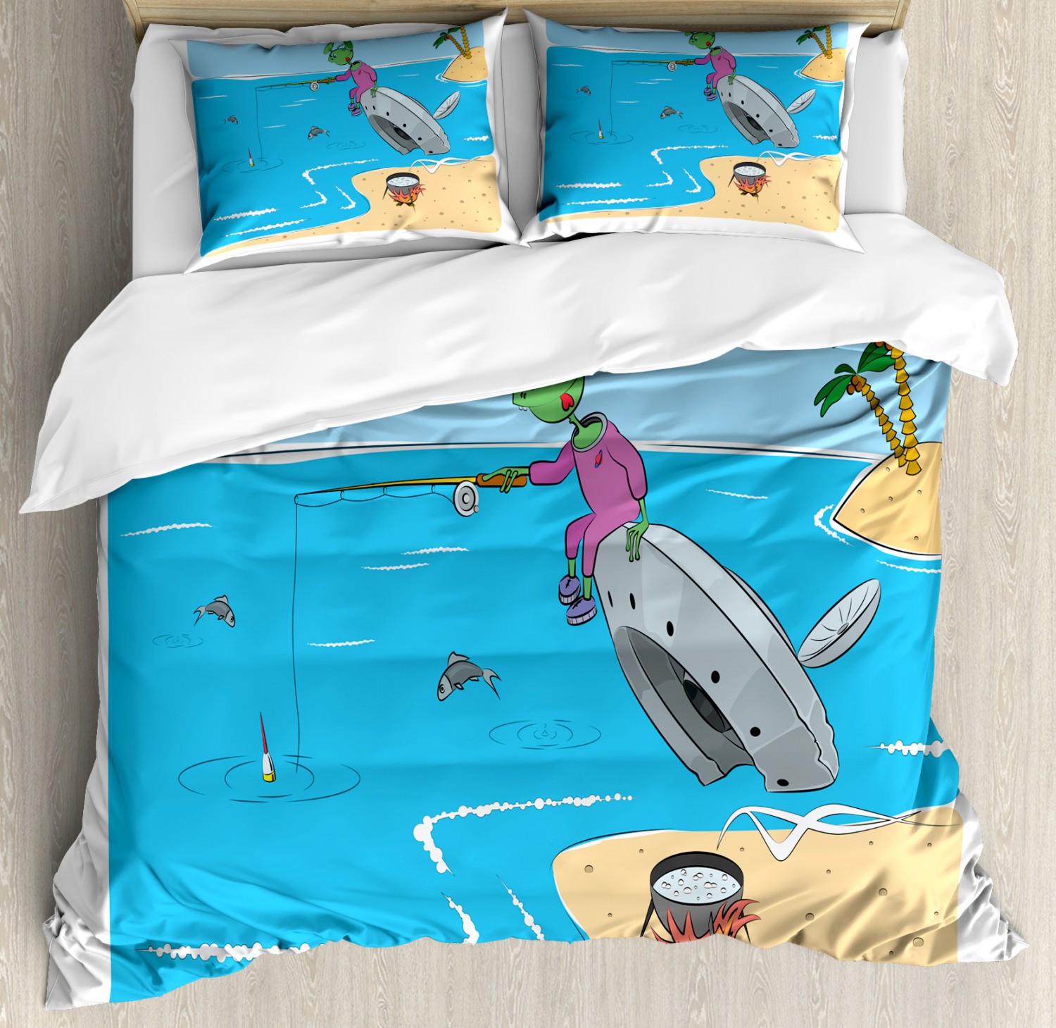 Alien Duvet Cover Set Queen Size, Green Monster Fishing in the Sea ...