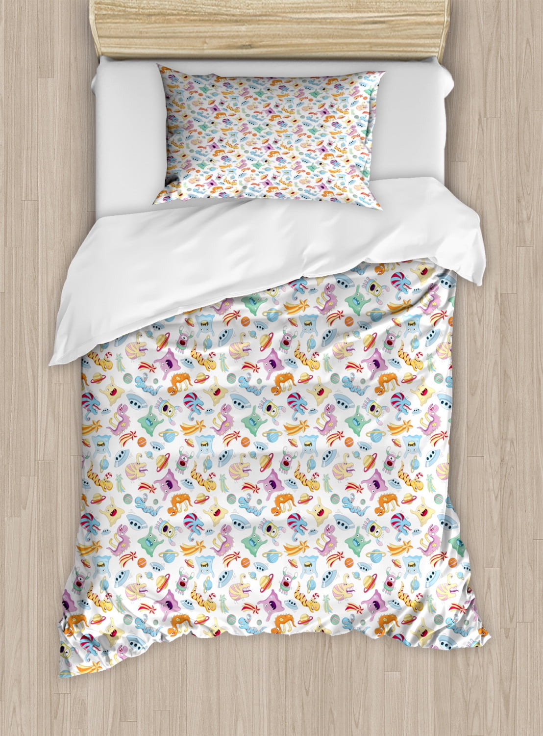 Alien Duvet Cover Set Twin Size, Monsters and Aliens with Planets UFOs ...
