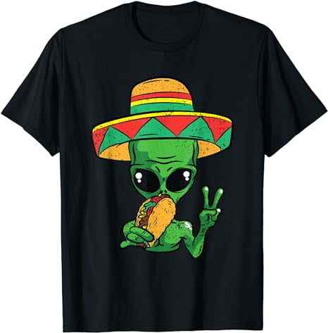 Alien Eating Taco Cinco De Mayo Sombrero Mexican Fiesta T-Shirt ...