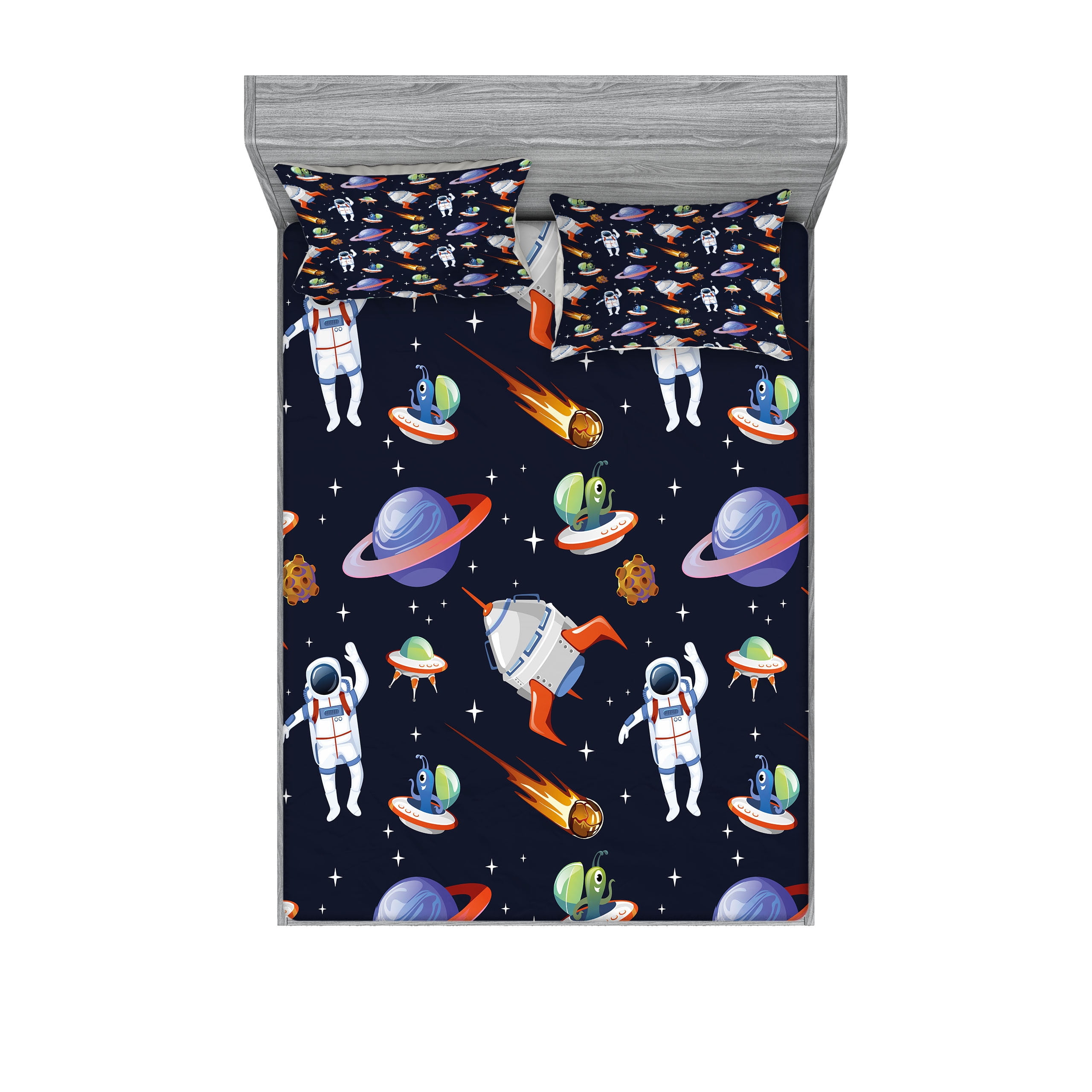 Alien Fitted Sheet & Pillow Sham Set, Galaxy Asteroid Astronaut UFO ...