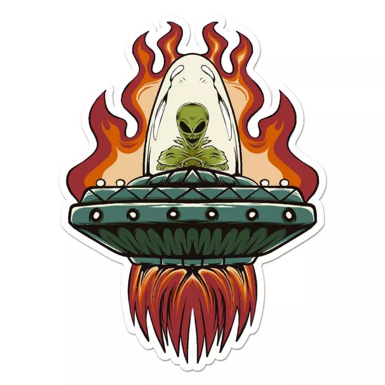Alien Flying Saucer Flames Sticker Phone Decal Water Bottle Stickers ...