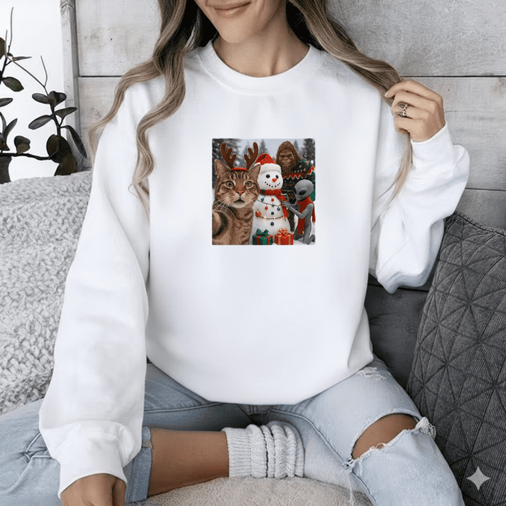 Alien Funny Christmas Cat Selfie Bigfoot Alien Snowman Holiday ...
