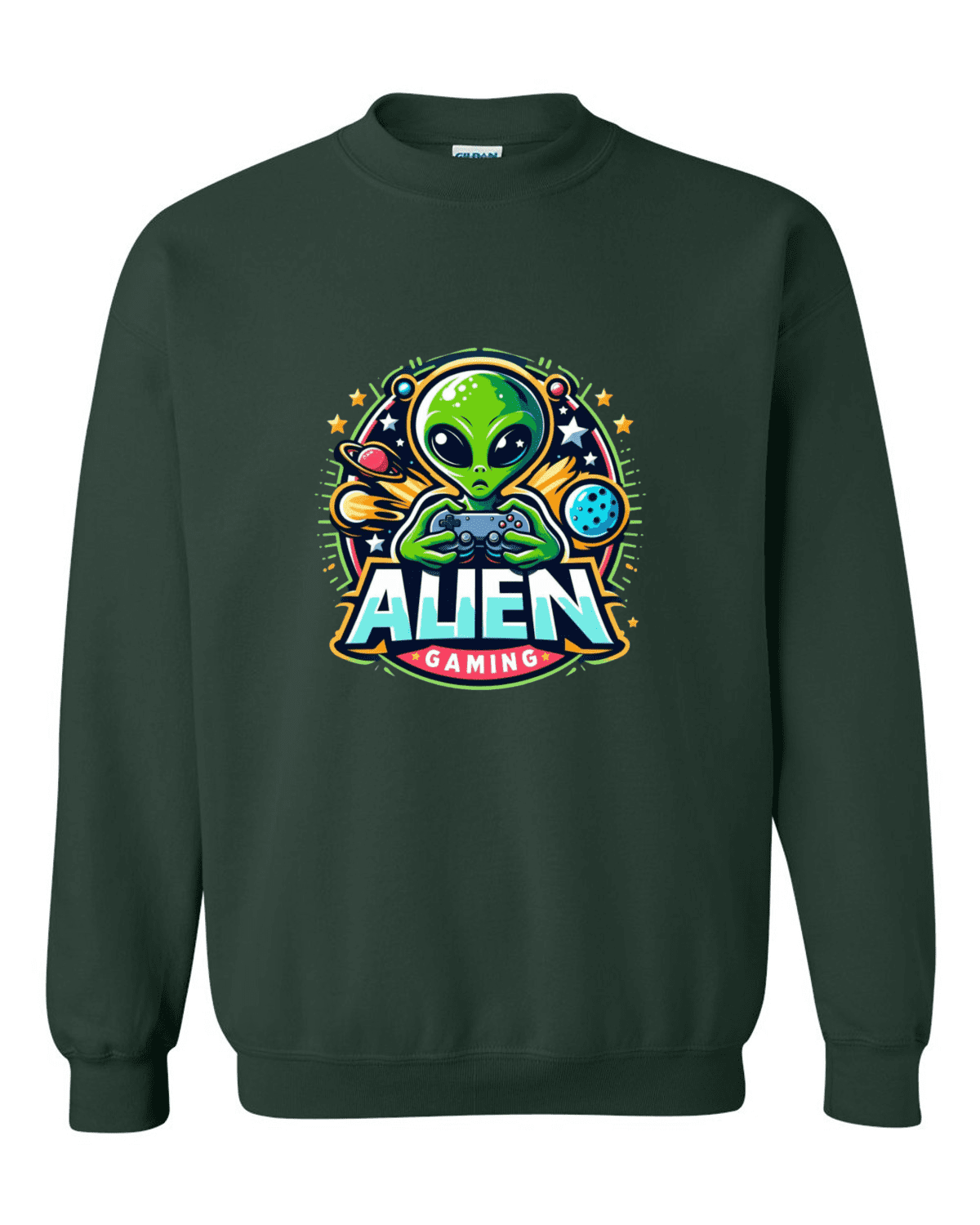 Alien Gamer Holding Controller with Futuristic Neon Glow Sweatshirt, up ...