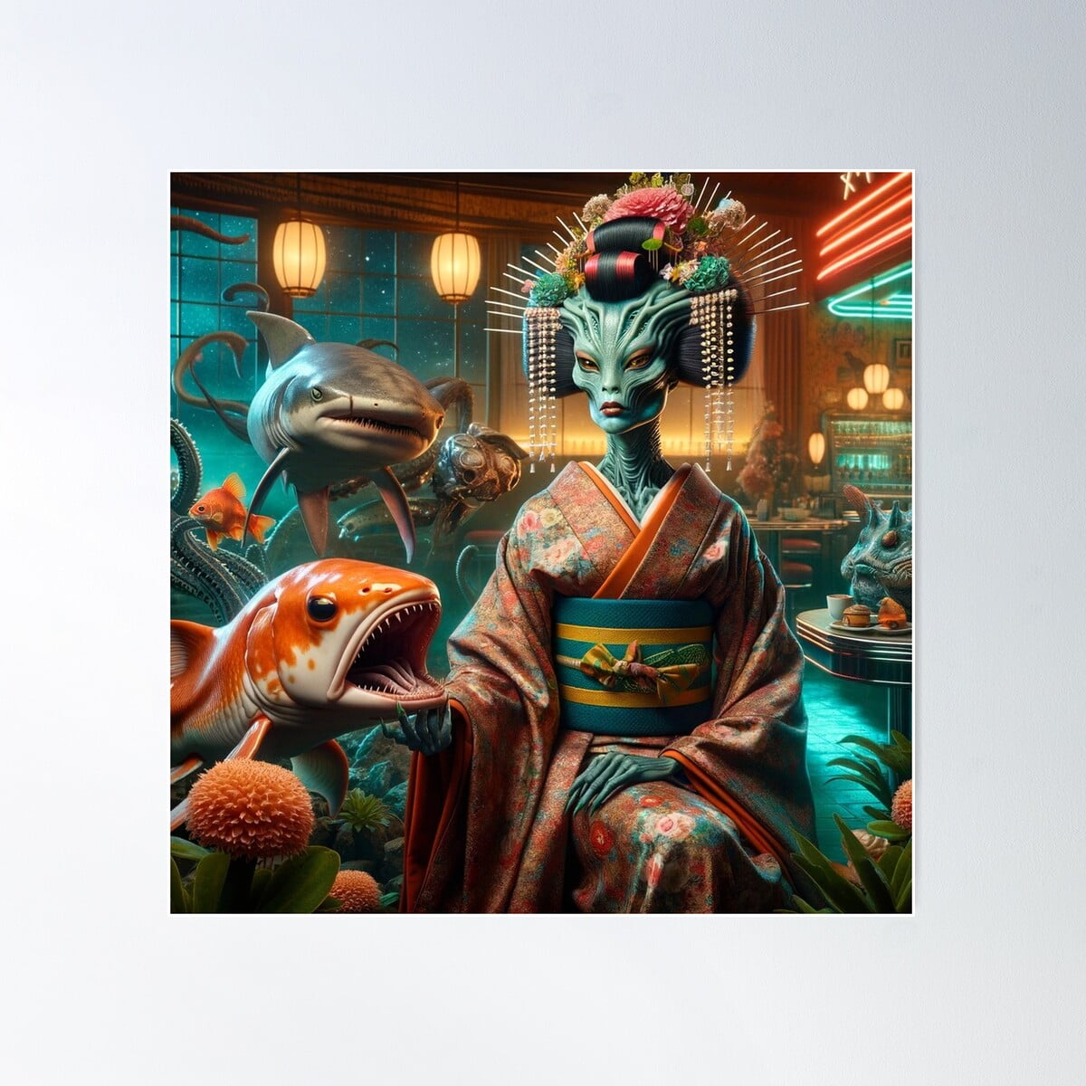 Alien Geisha'S Underwater Diner Poster Wall Art, Modern Wall Decor For ...