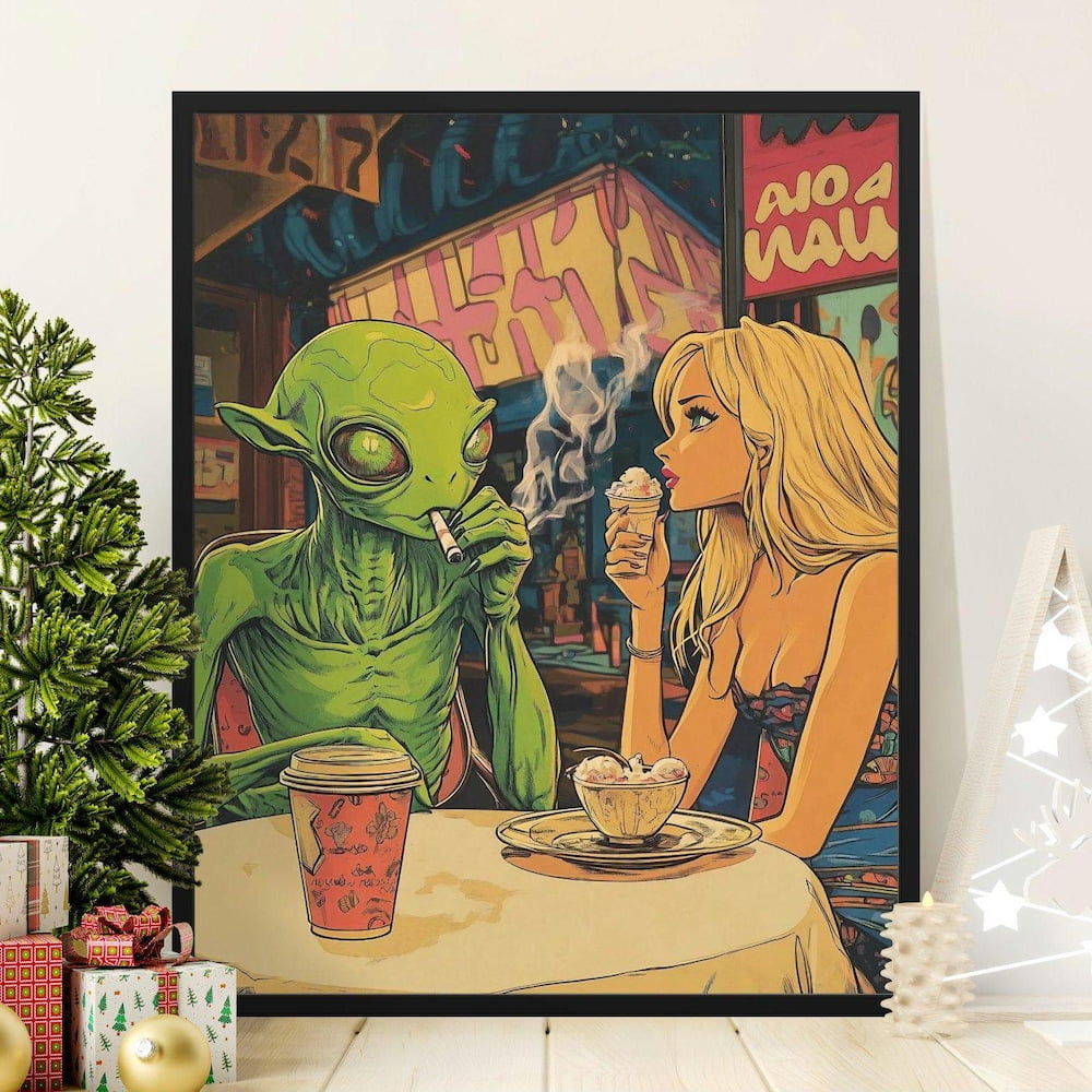 Alien And Girl Eating Ice Cream Poster, Retro Sci-Fi Wall Art ...