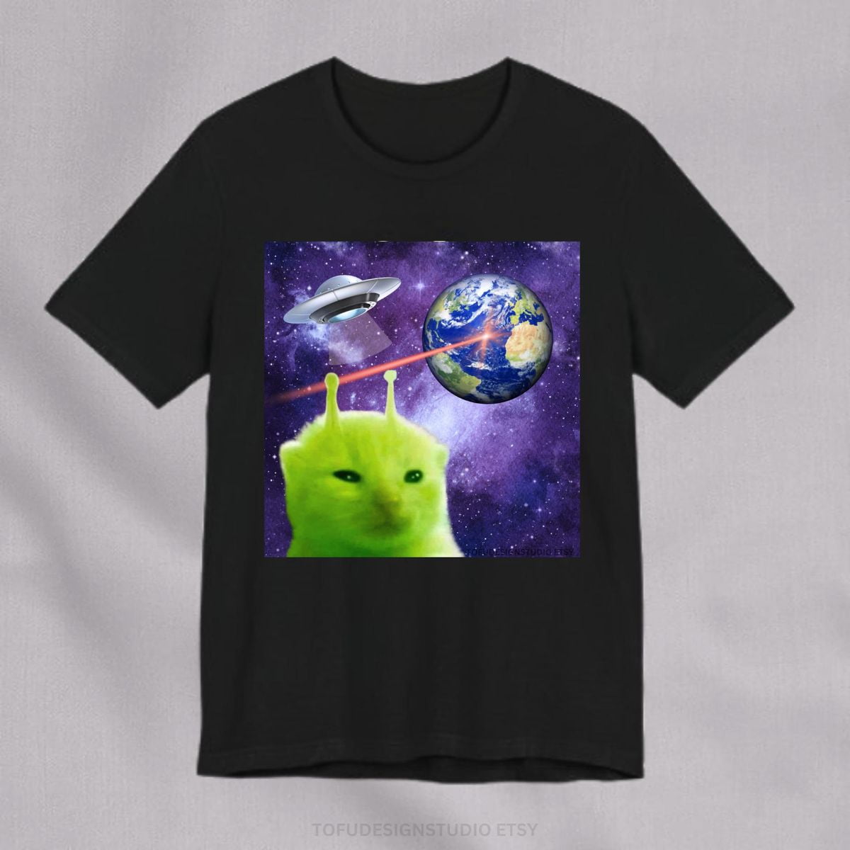 Alien Green Cat Space Graphic Tee with UFO and Earth Artwork Unique ...