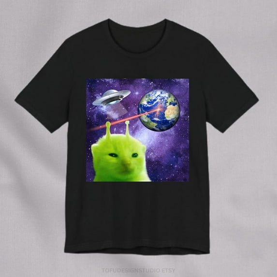 Alien Green Cat Space Graphic Tee with UFO and Earth Artwork Unique ...