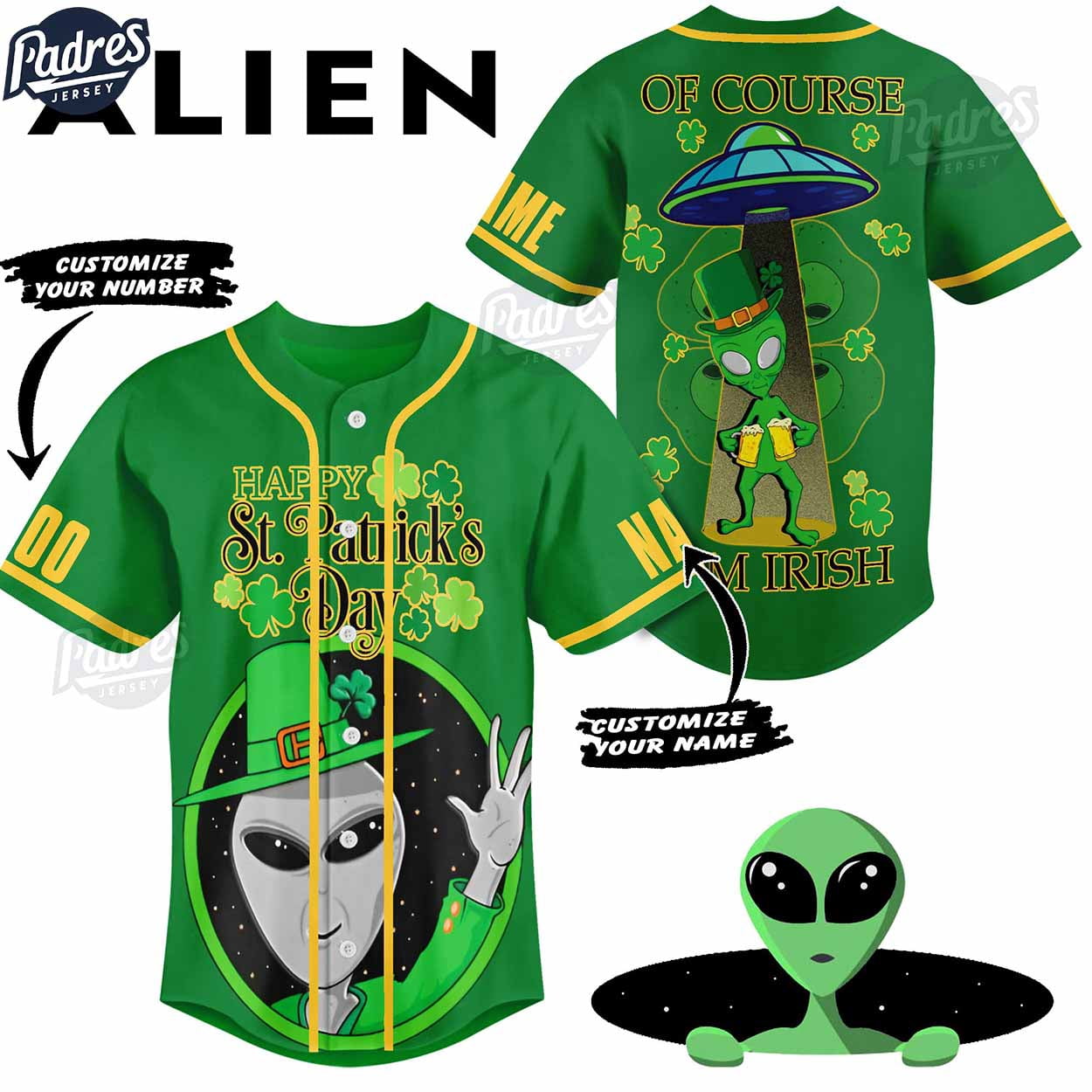 Alien Happy St.Patrick's Day Personalized Baseball Jersey - Walmart.com