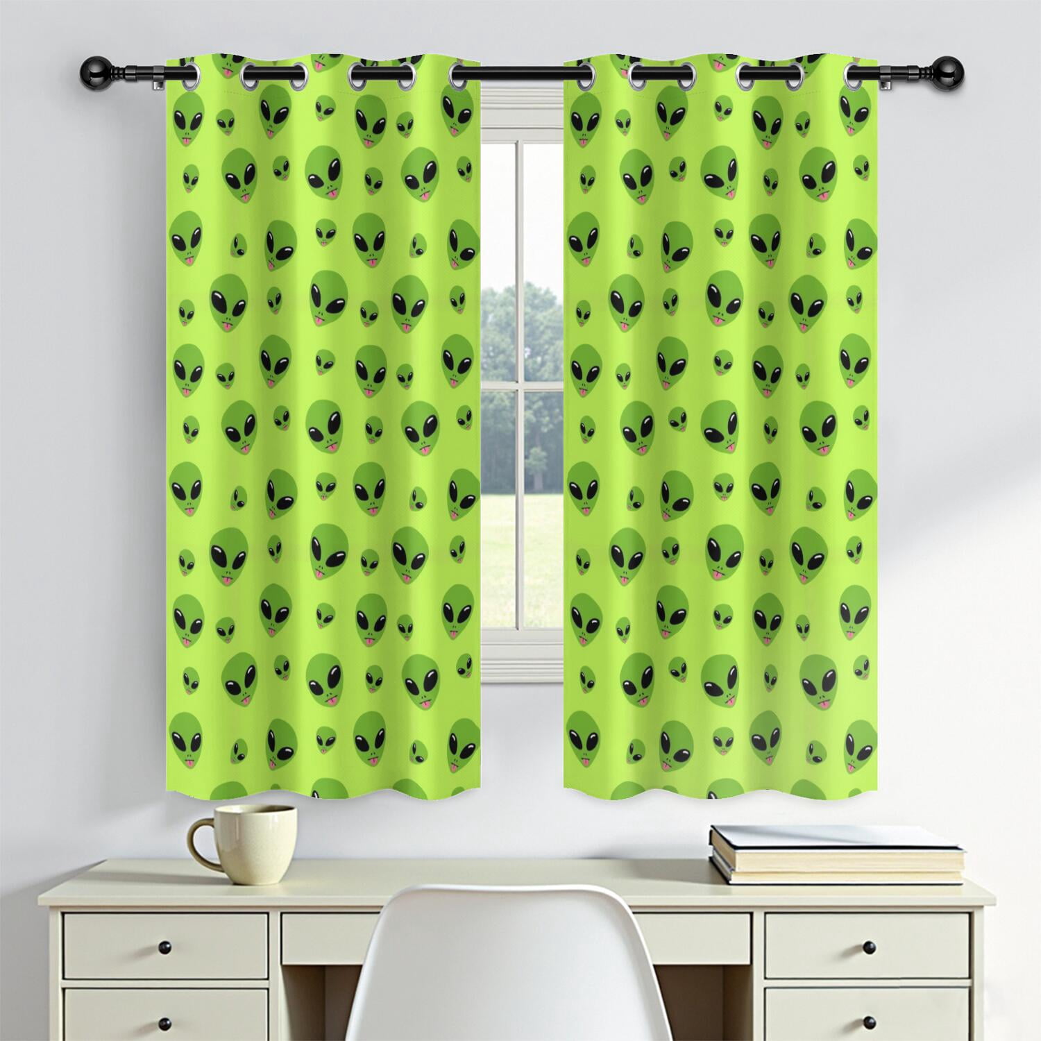 Alien Head Bright Green Pattern Blackout Curtains,Triple Weaved Fabric ...