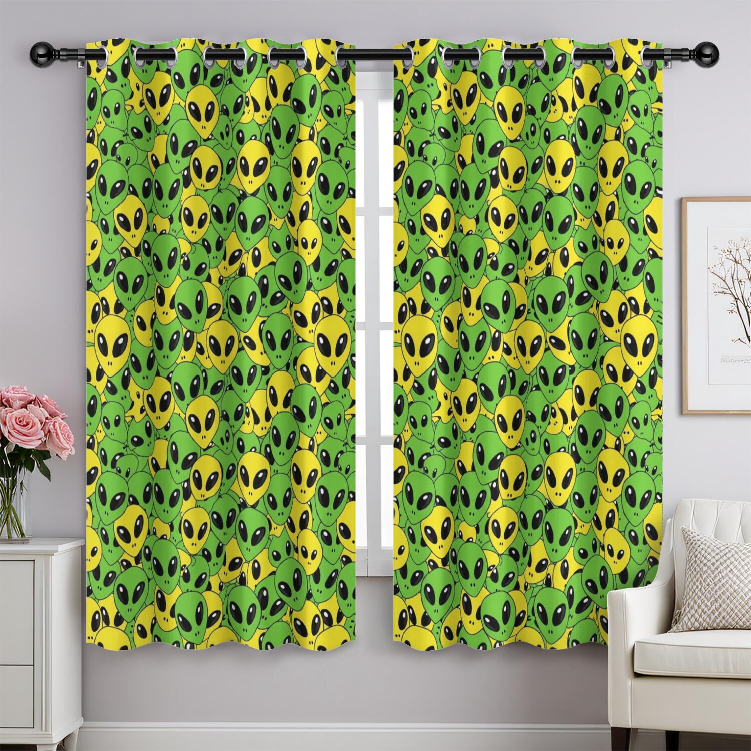 Alien Head Bright Green Pattern Blackout Curtains,Triple Weaved Fabric ...