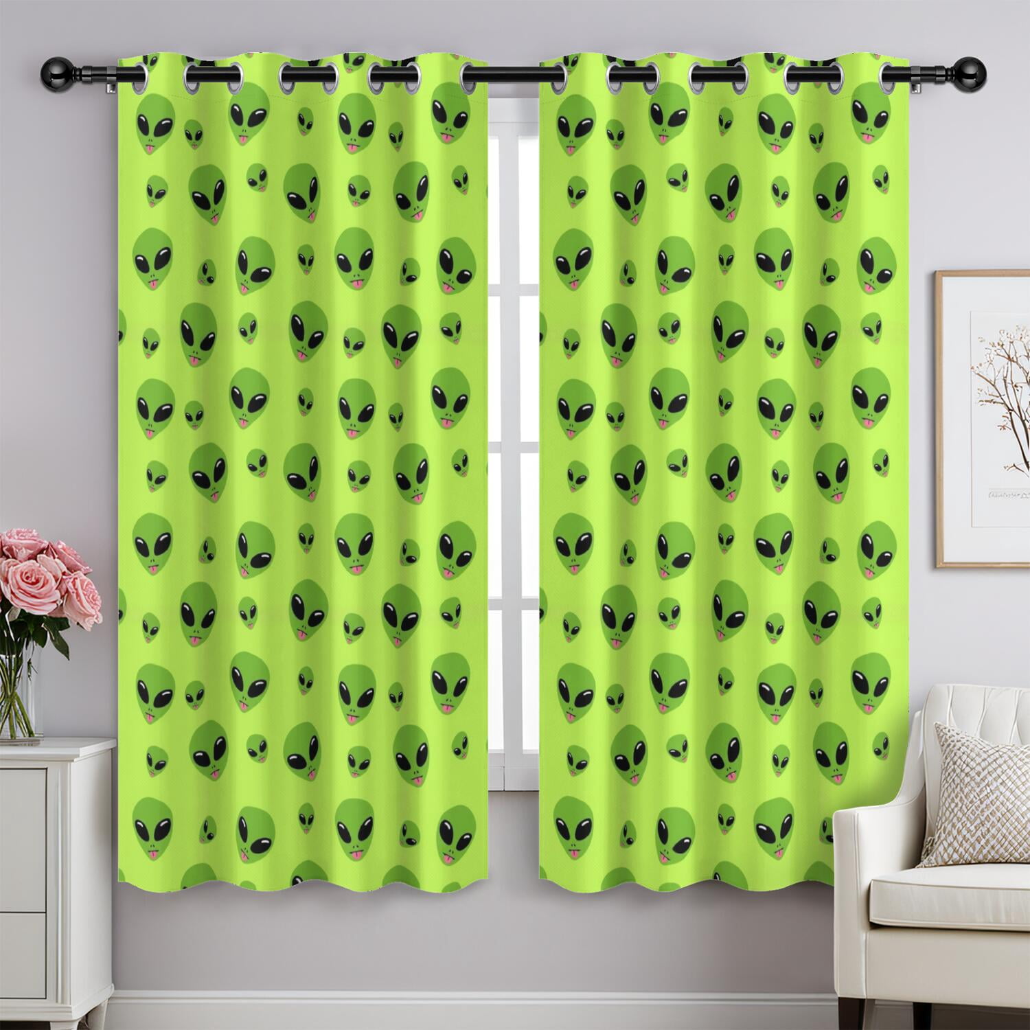Alien Head Bright Green Pattern Blackout Curtains,Triple Weaved Fabric ...