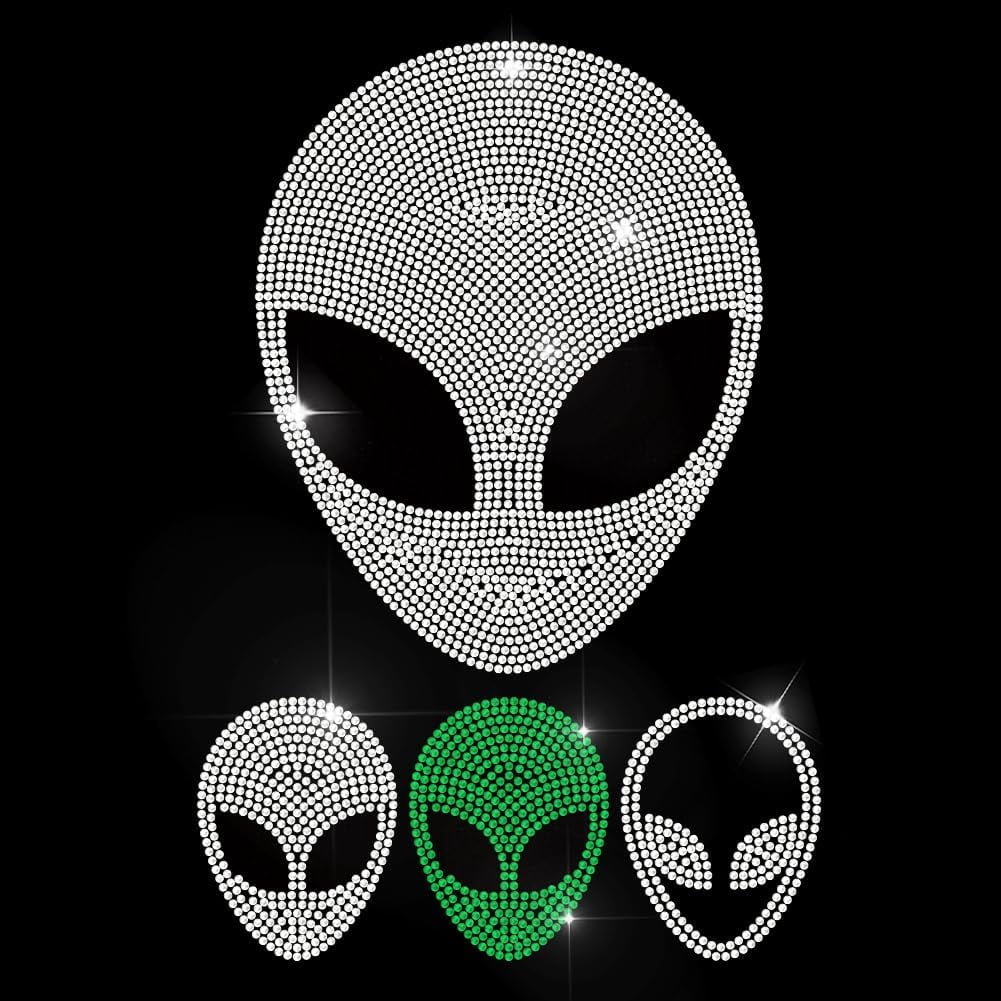 Alien Head Rhinestone Iron on Hotfix Transfer Decal Sci-fi Future Magic Alien Bling DIY Patch ...