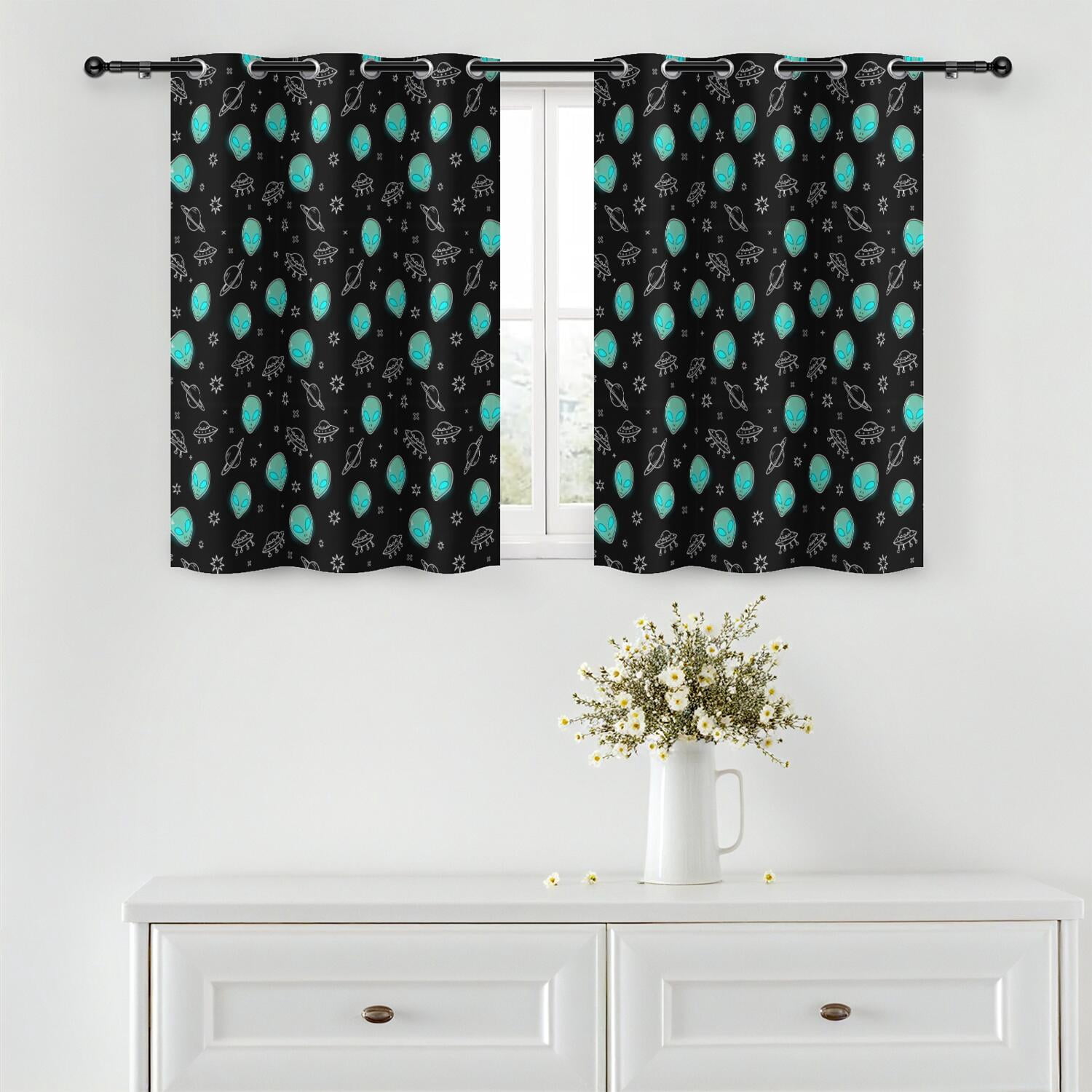 Alien Head and UFO Deep Black Pattern Blackout Curtains,Triple Weaved ...