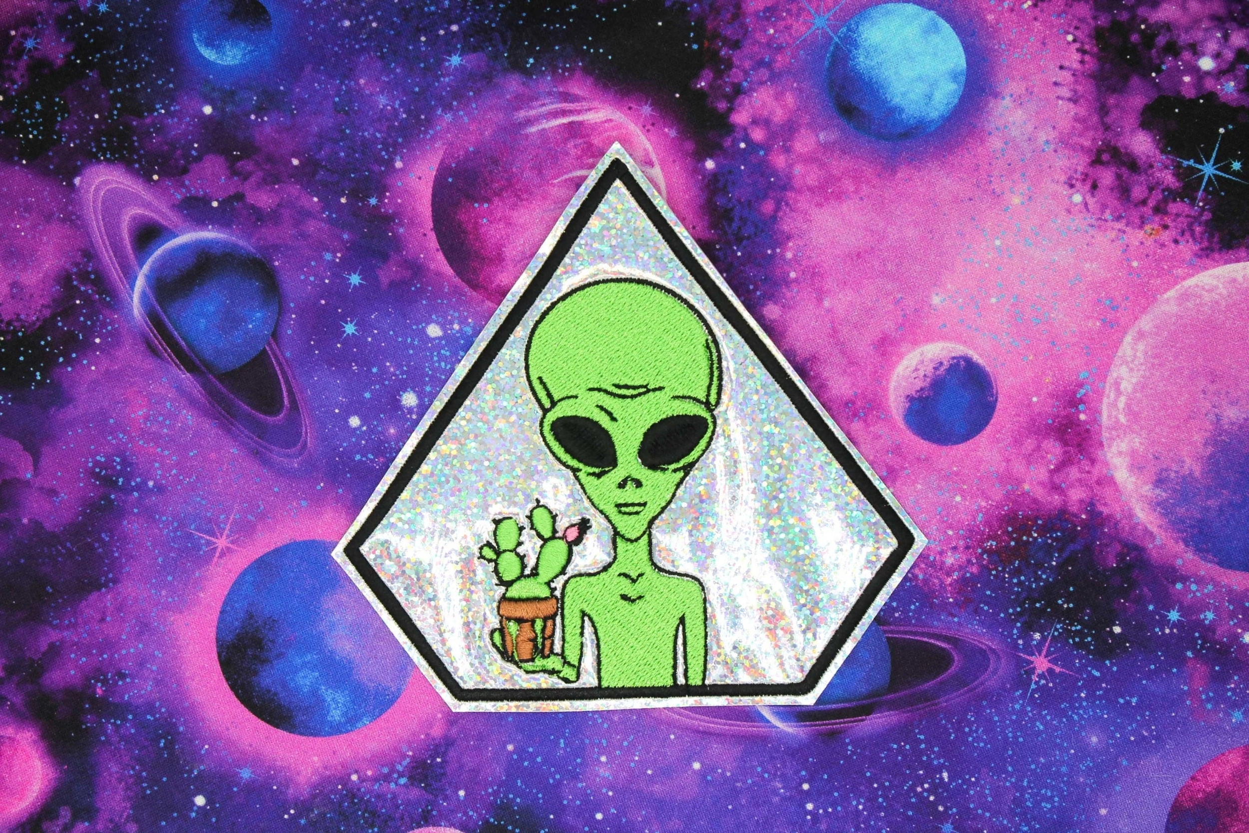 Alien Holding Cactus Plant Holographic Glitter Vinyl Iron On ...