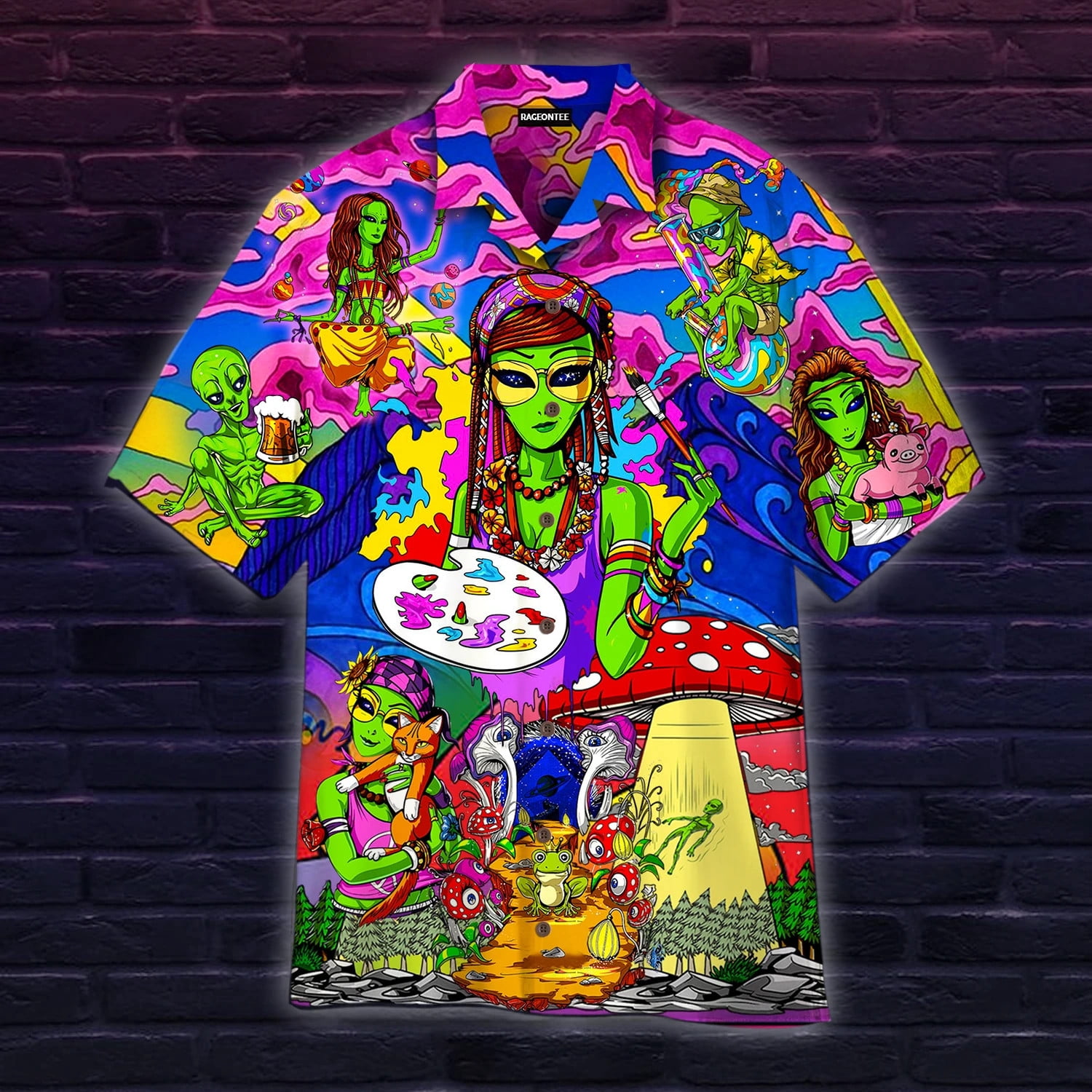 Alien In The World Of Mushrooms Hippie Hawaiian Shirt - Walmart.com
