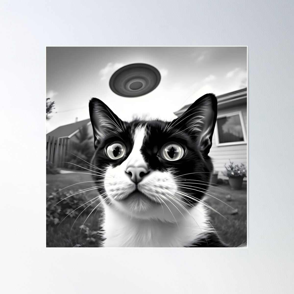 Alien Invasion Cat Selfie: Black & White Ufo Chaos & Feline Sass Poster ...