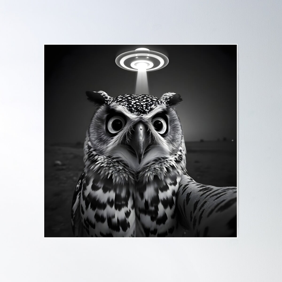 Alien Invasion Owl Selfie - B&W Retro Ufo Art | Quirky Cosmic Comedy ...