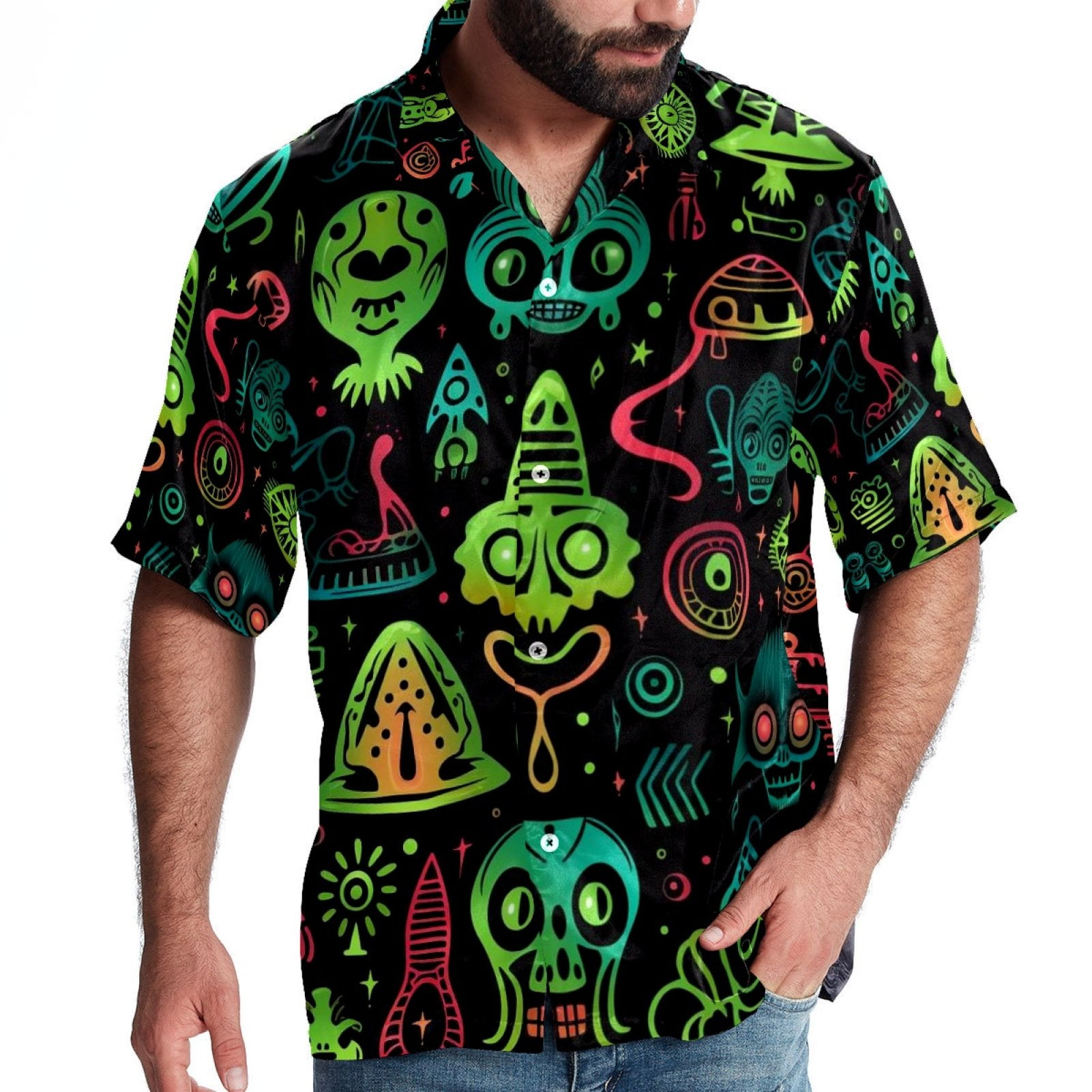 Alien Men's Casual Printed Poplin Short Sleeve Button Down Beach Shirt ...