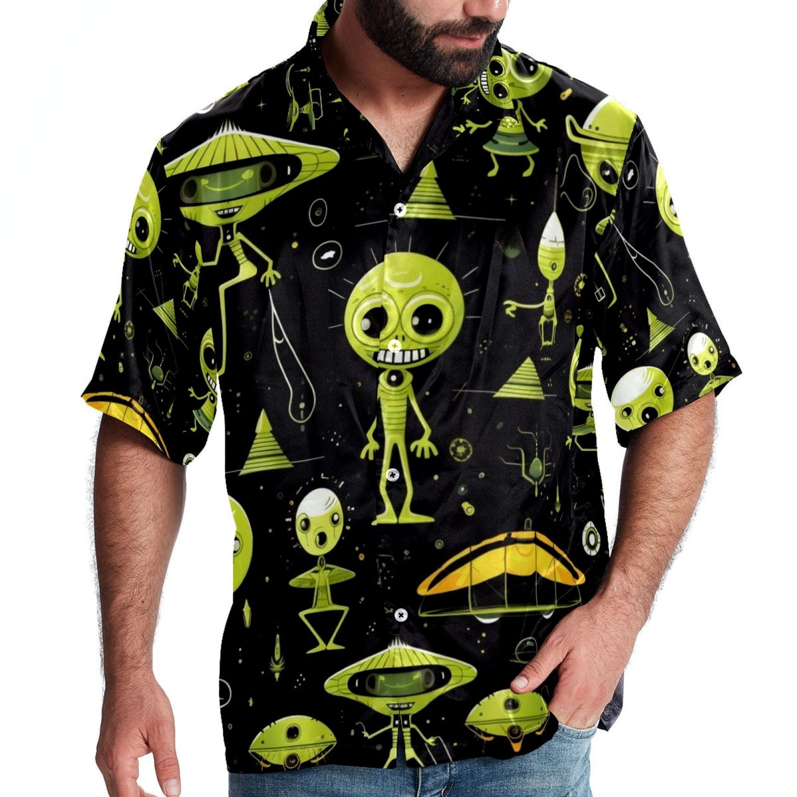 Alien Men's Short Sleeve Beach Shirts, Casual Printed Poplin Button ...