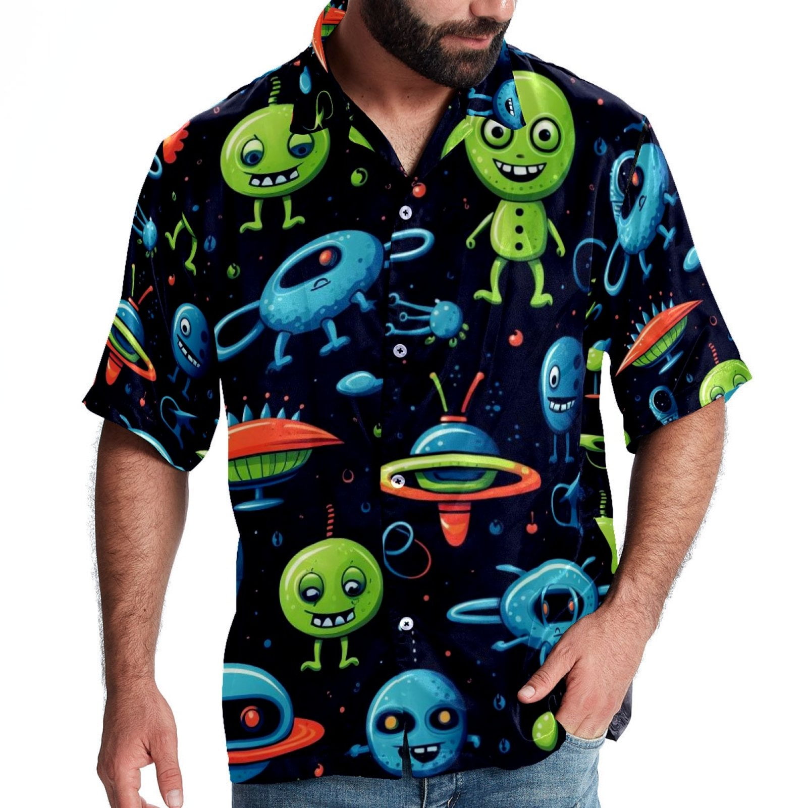 Alien Men's Short Sleeve Spread Collar Hawaiian Shirts, Casual Printed ...