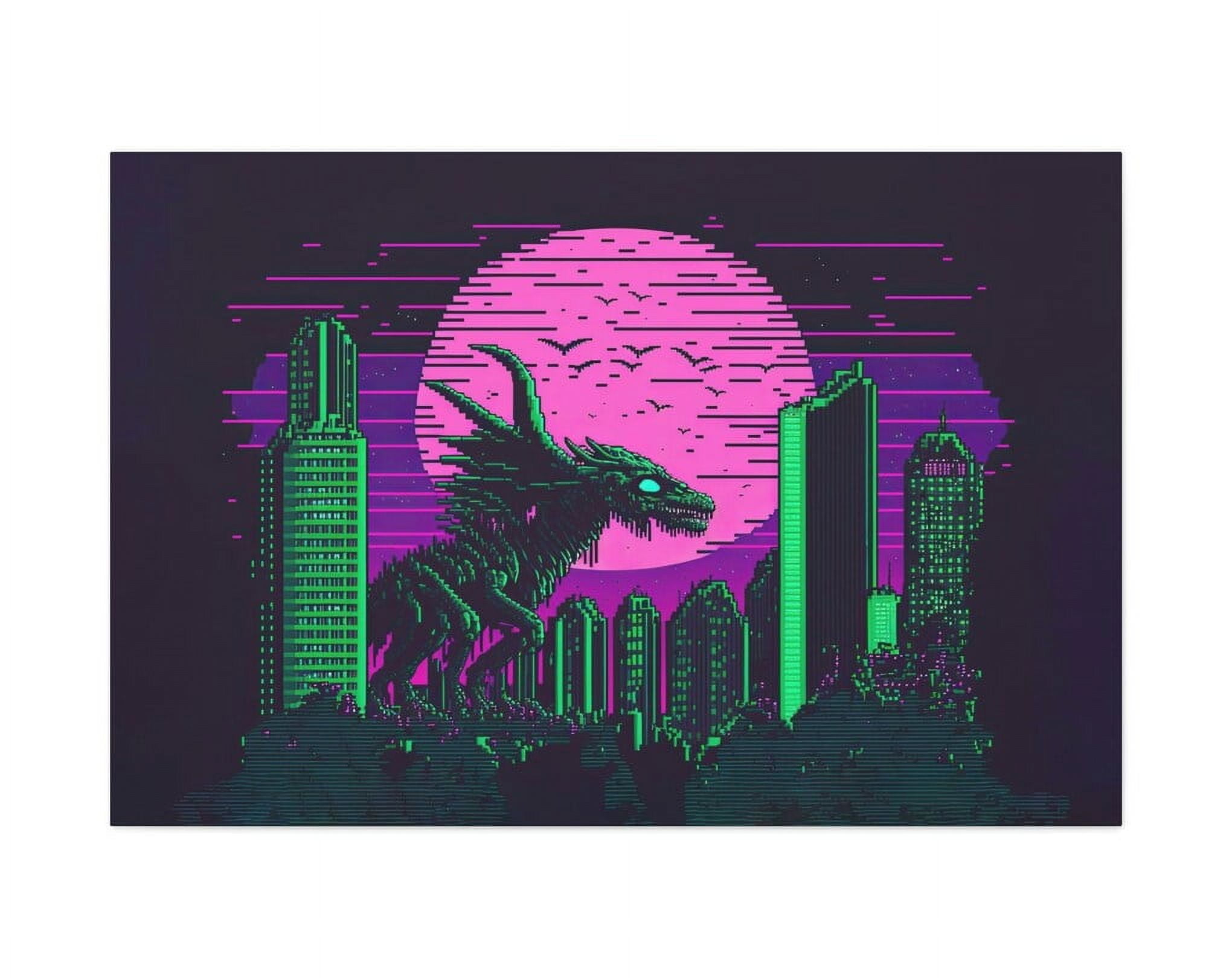 Alien Monster Destroying City Art Vapor Wave Outrun Pixel Man Cave ...