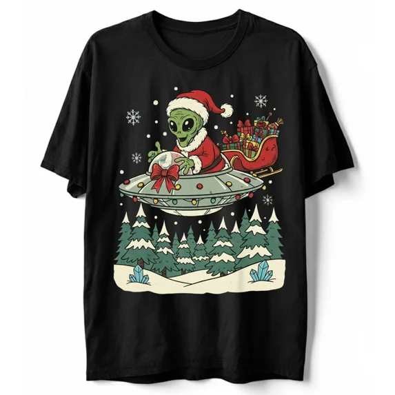 Alien Old Man UFO Sleigh Funny Xmas Sci-Fi Holiday Xmas Gift Graphic ...
