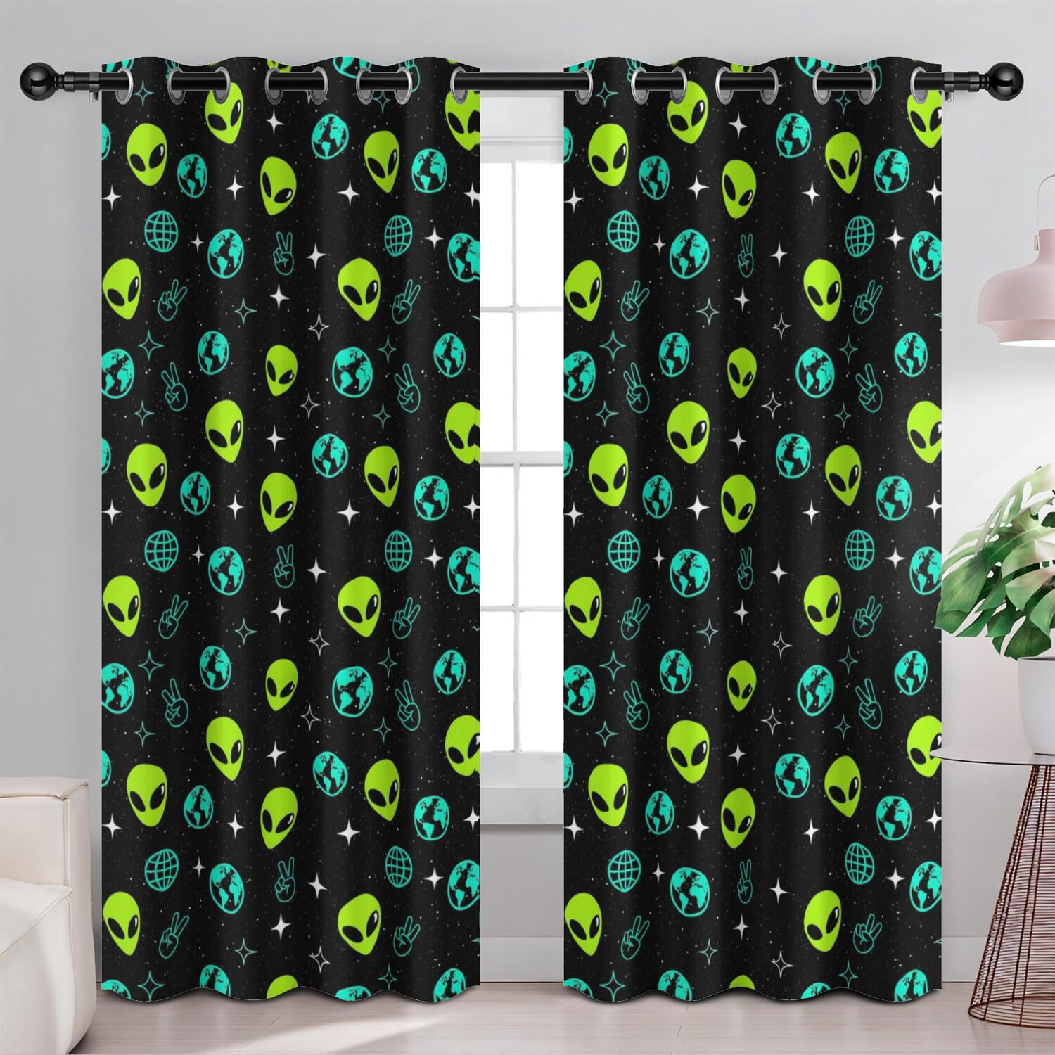 Alien Peace Sign Black Pattern Blackout Curtains,Triple Weaved Fabric ...