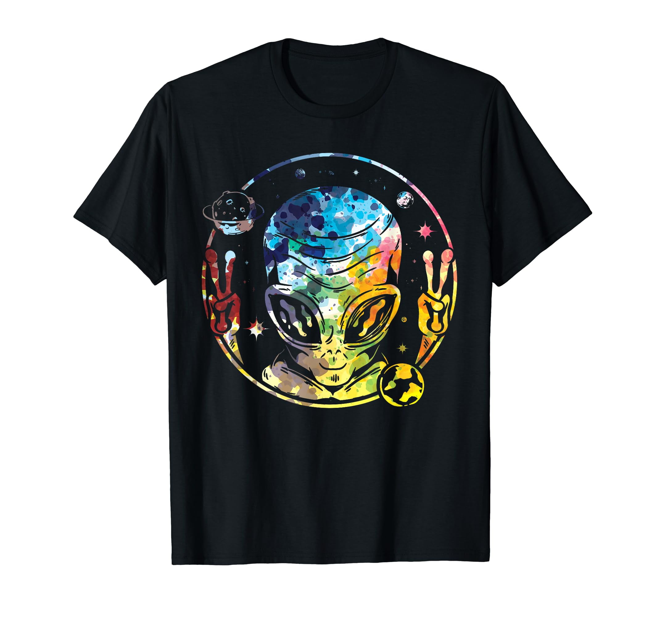 Alien Peace Sign Funny UFO Planet Stars Outer Space Gift Cotton T-Shirt ...