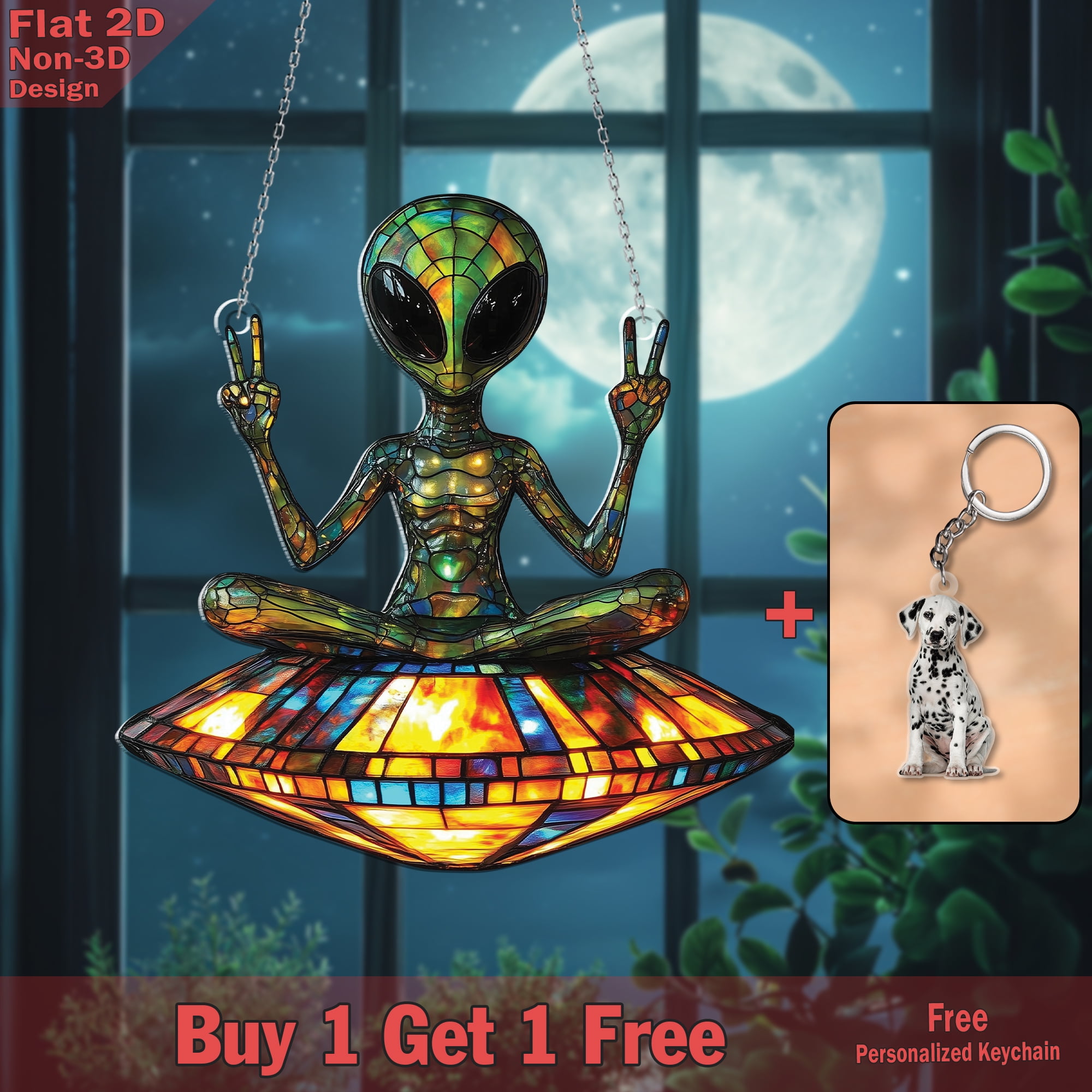 Alien Peace UFO Sun Catcher - Stained Glass Style Window Hanging - Sci ...