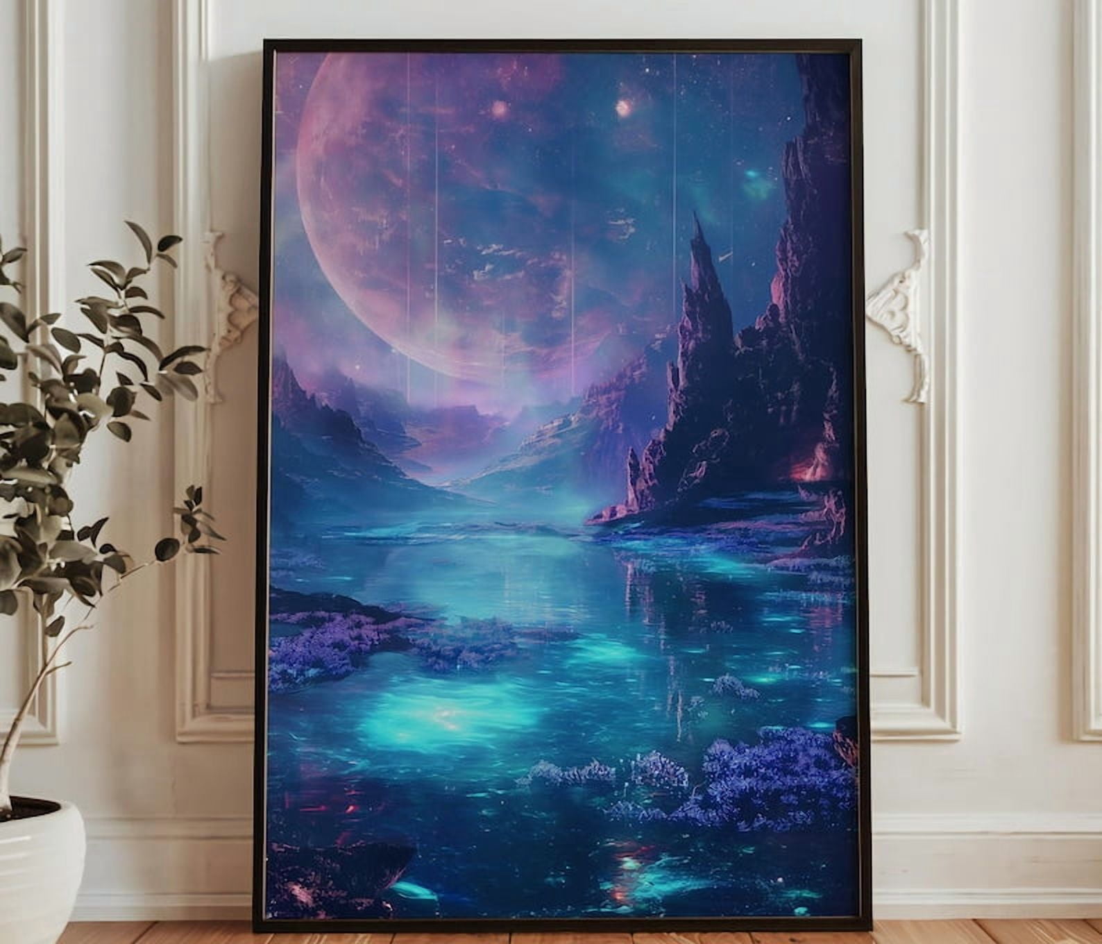 Alien Planet Landscape Fantasy Galaxy Lake Neon Sci Fi Space poster ...