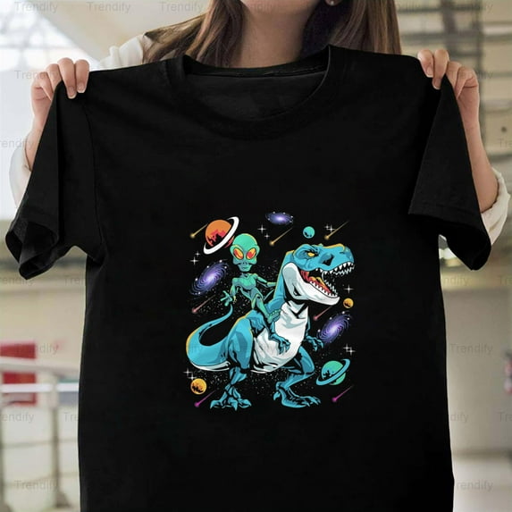 Alien Riding A Dinosaur In Outer Space Funny Sci-Fi Parody H27634 T ...